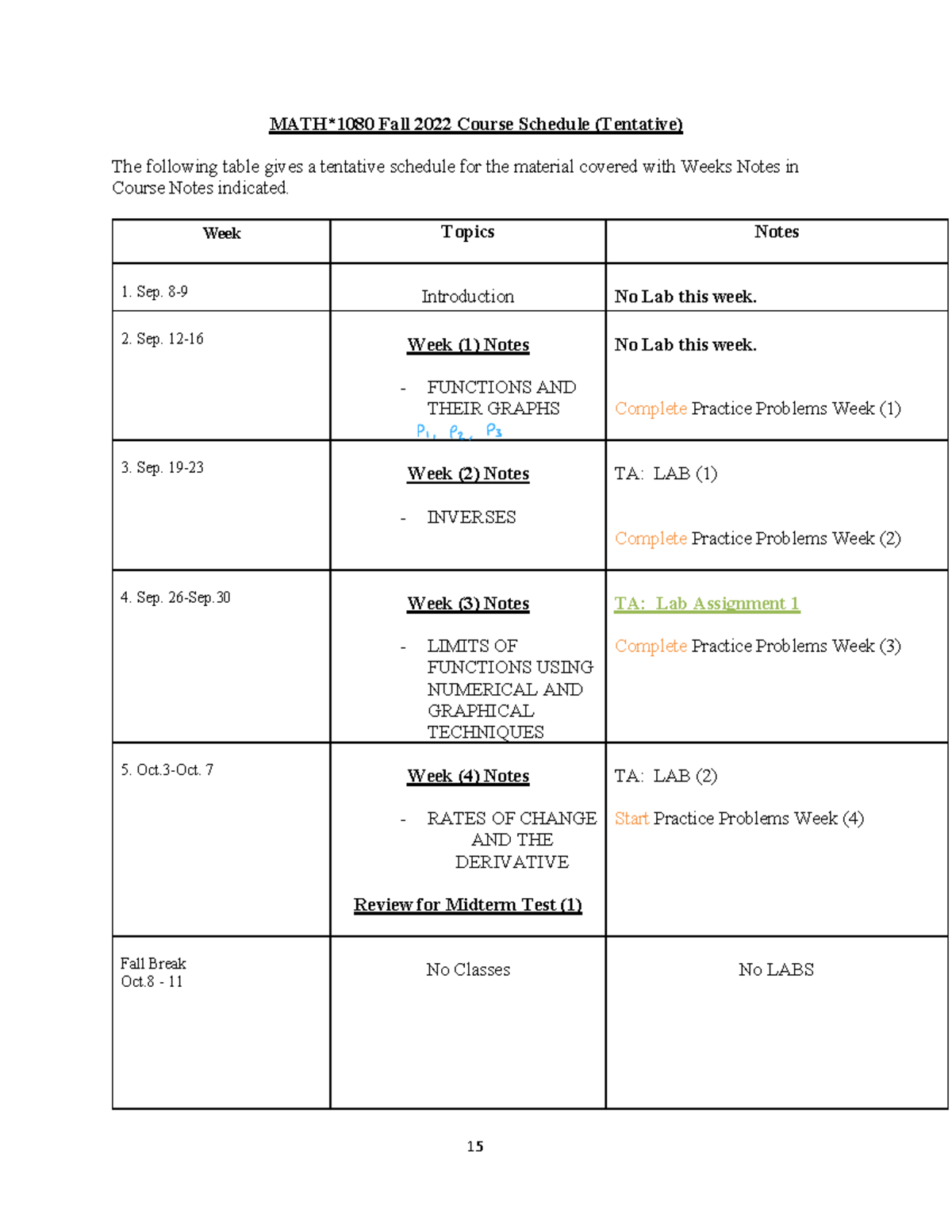MATH Schedule - sis - 15 MATH*1080 Fall 2022 Course Schedule (Tentative ...