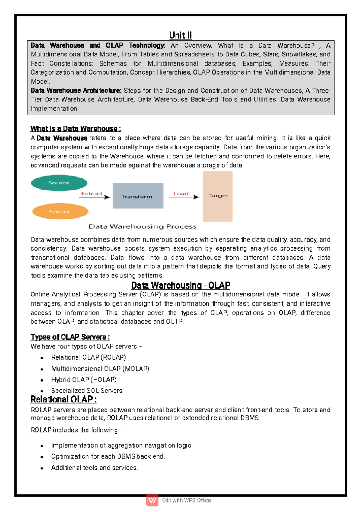DM Unit- II - UnitII Data Warehouse and OLAP Technology:An Overview ...