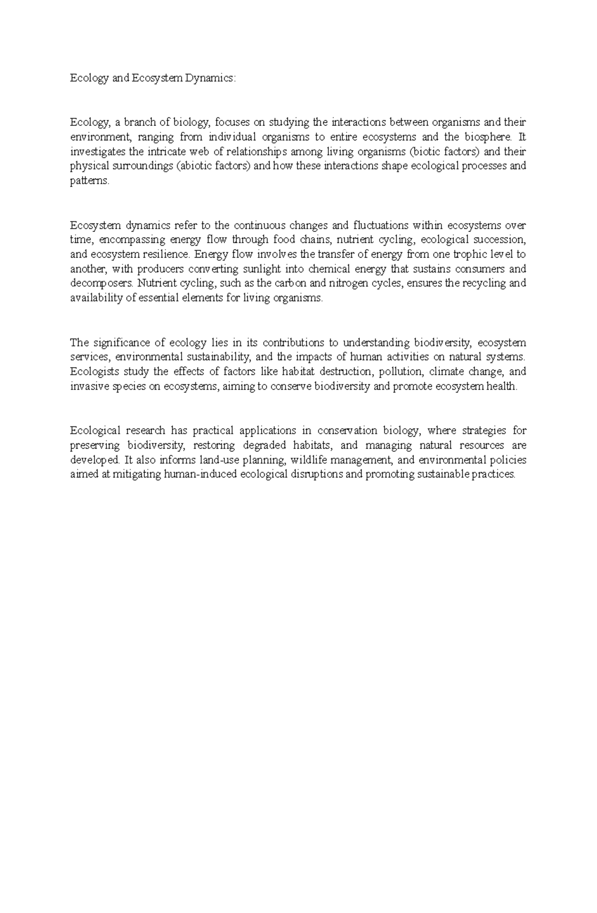 Ecology and Ecosystem Dynamics - Ecology and Ecosystem Dynamics ...