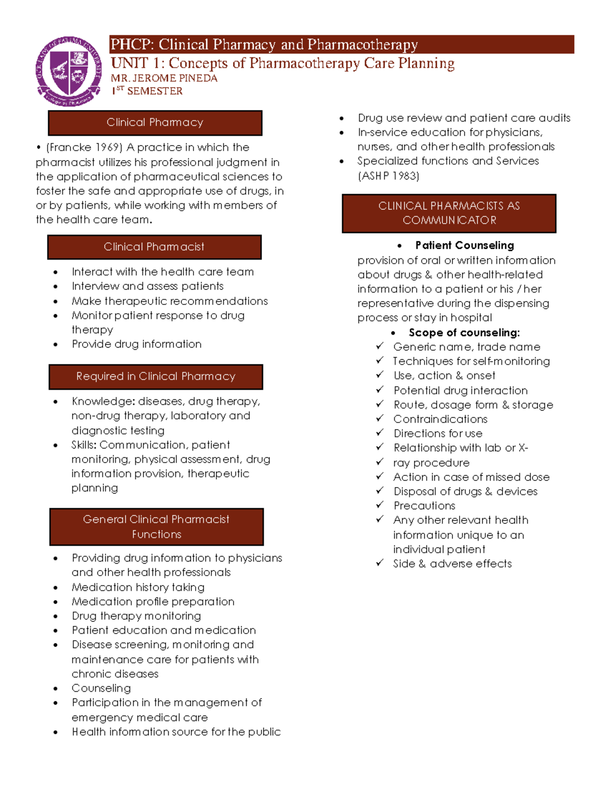PHCP - Lecture - UNIT 1: Concepts of Pharmacotherapy Care Planning MR ...