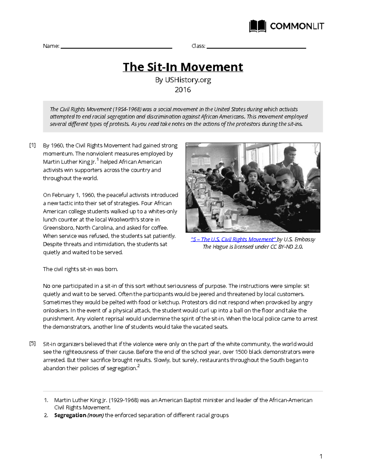 Common Lit The Sit-In Movement - Name: Class: "5 – The U. Civil Rights ...