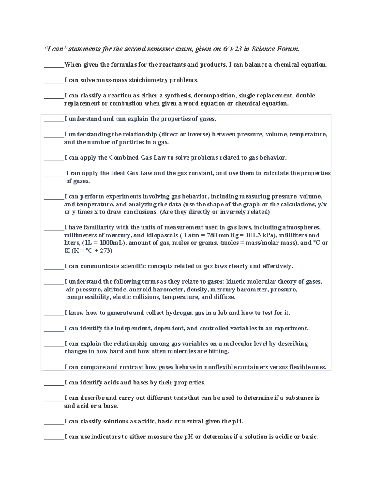 I can statements for final - “I can” statements for the second semester ...