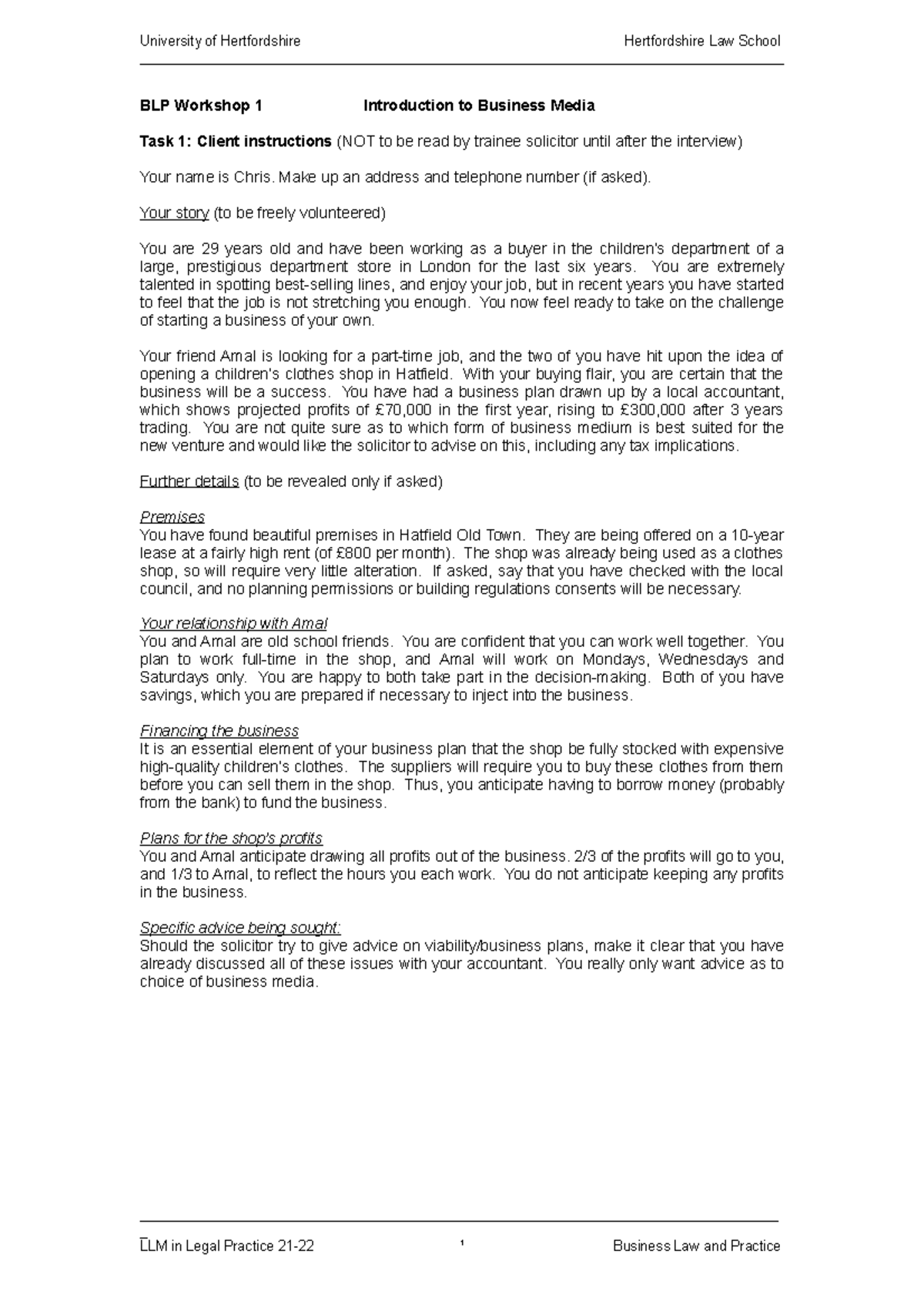 BLP Workshop 1 Task 1 Client instructions - University of Hertfordshire Hertfordshire Law School ...