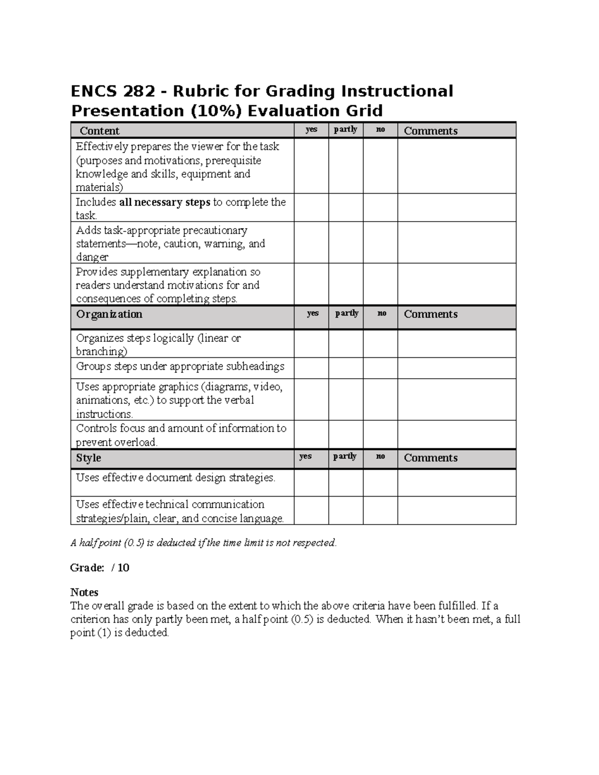 Assessment Rubric - Instructional Presentation - ENCS 282 - Rubric for ...