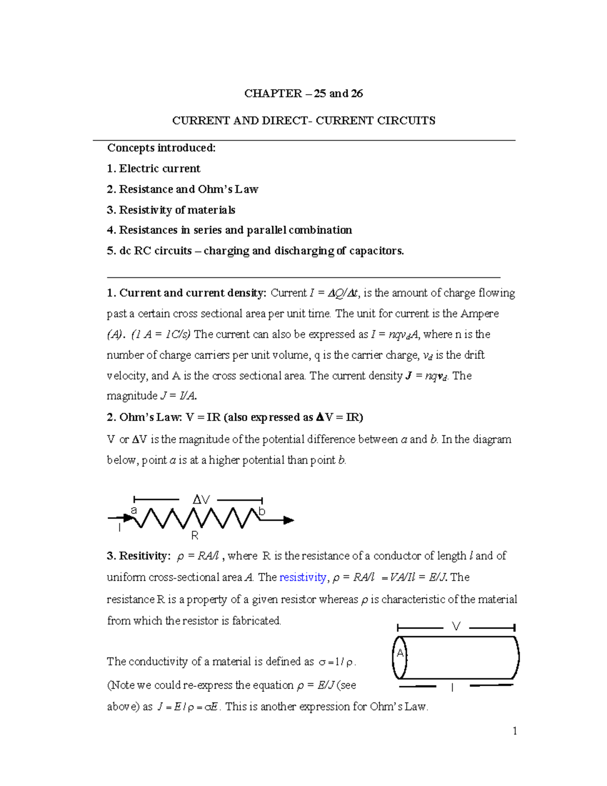 PHYS-102 Chapters 25 and 26 Notes - CHAPTER – 25 and 26 CURRENT AND ...