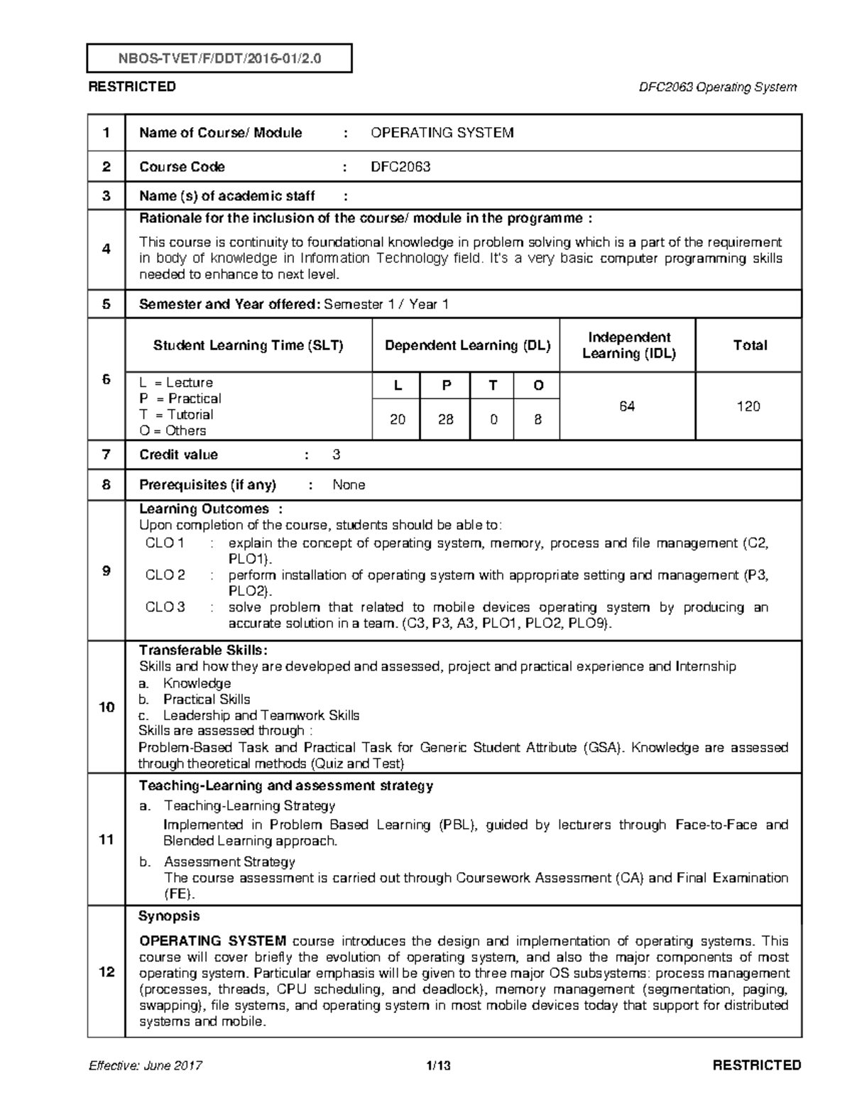 5. DFC2063 Operating System 2 - RESTRICTED DFC2063 Operating System 1 Name of Course/ Module ...