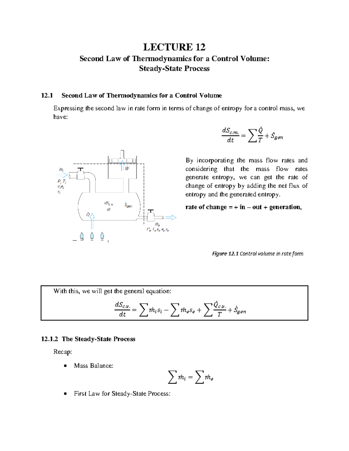Me 63 Ay 2020 2021 Lecture Notes 12 Lecture 12 Second Law Of Thermodynamics For A Control