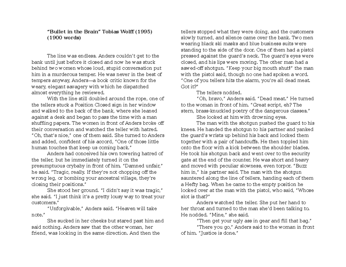 Wolff bullet in the brain - “Bullet in the Brain” Tobias Wolff (1995 ...