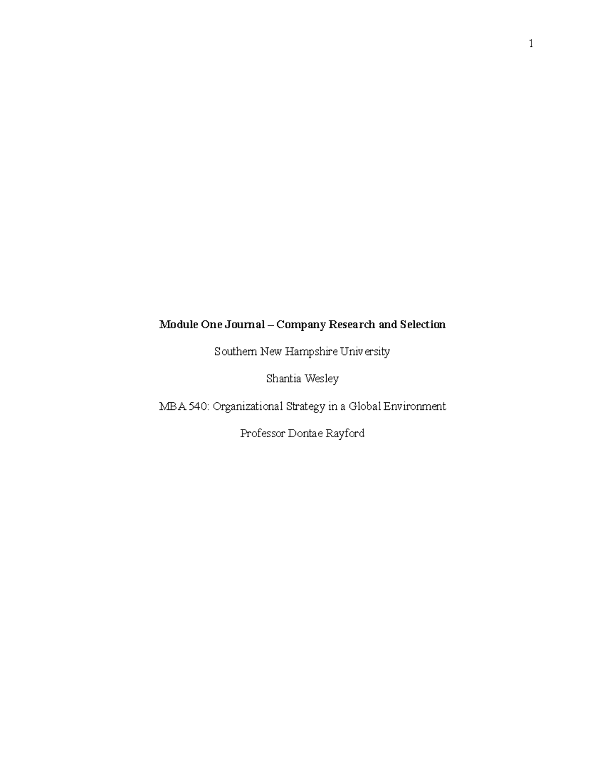 MBA 540 - Module One Journal - Company Selection and Research - 1 ...