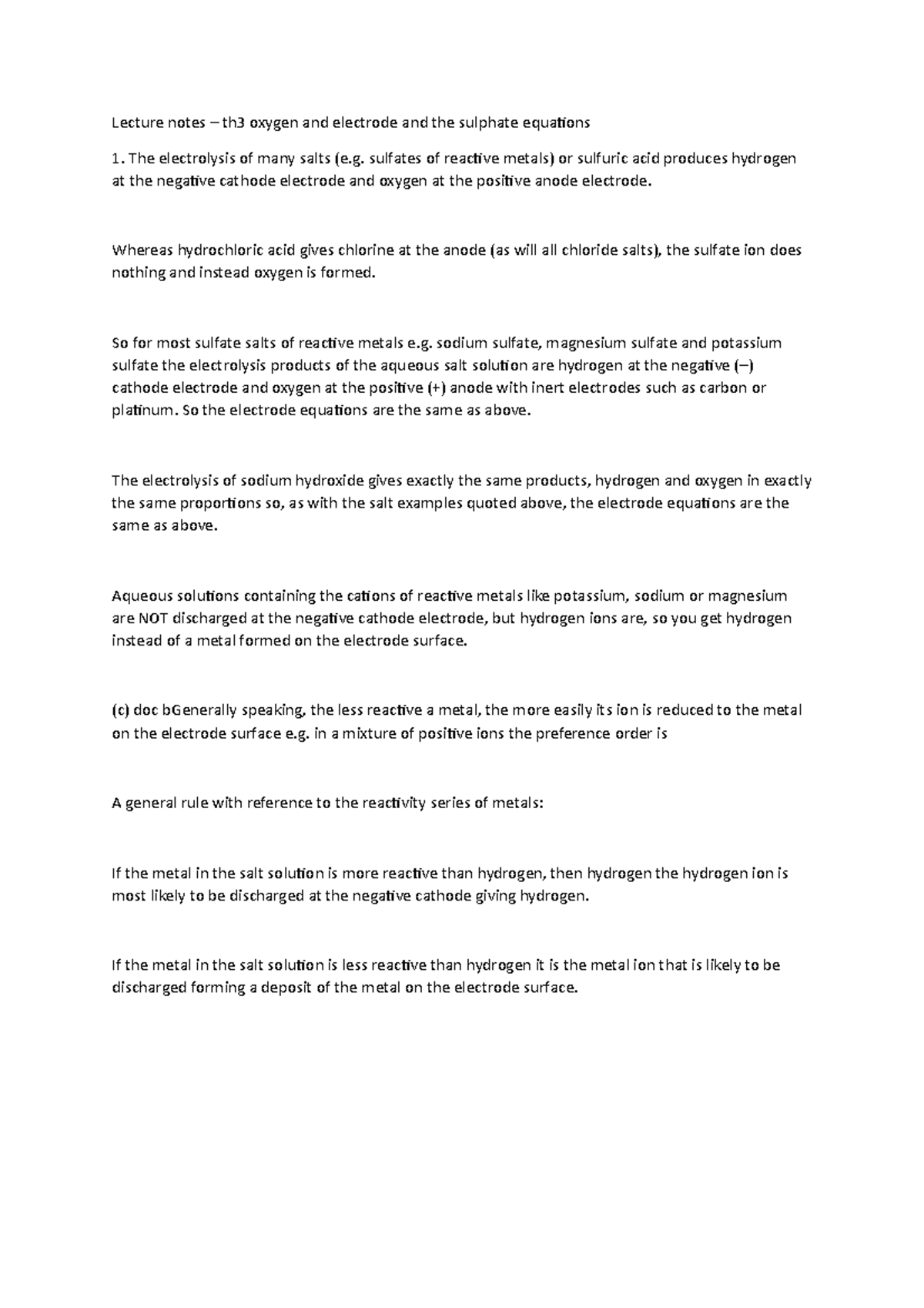 Lecture notes – The oxygen and electrode and the sulphate equations ...