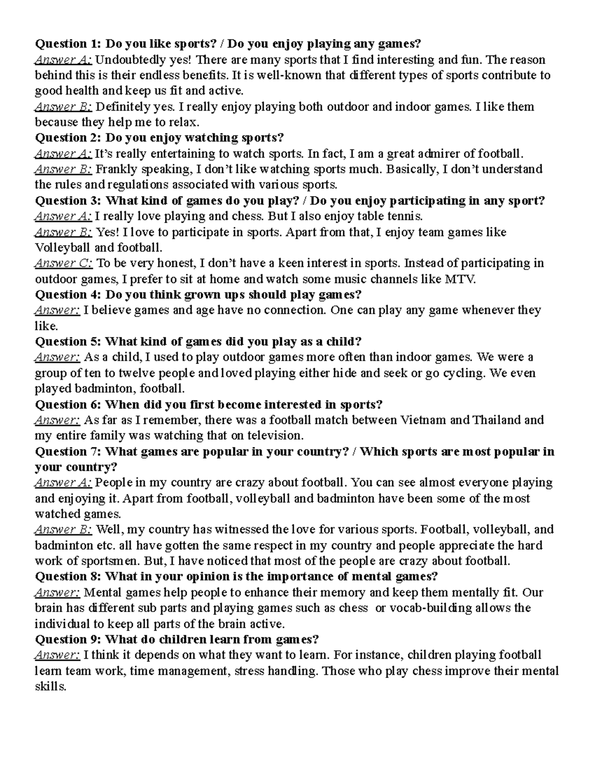 Sports and games - ềdcd - Question 1: Do you like sports? / Do you ...