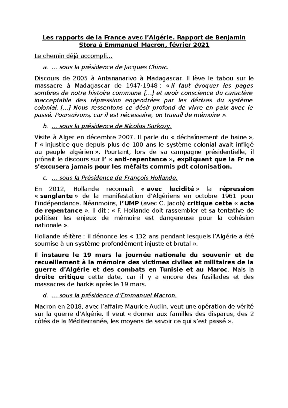 Résumé politique du rapport Stora de 2021 pour Emmanuel Macron - Les ...