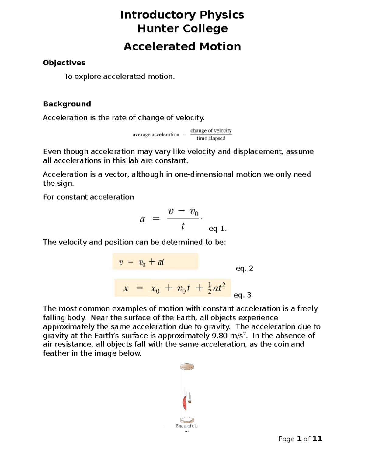 002 Accelerated Motion Lab - Introductory Physics Hunter College ...