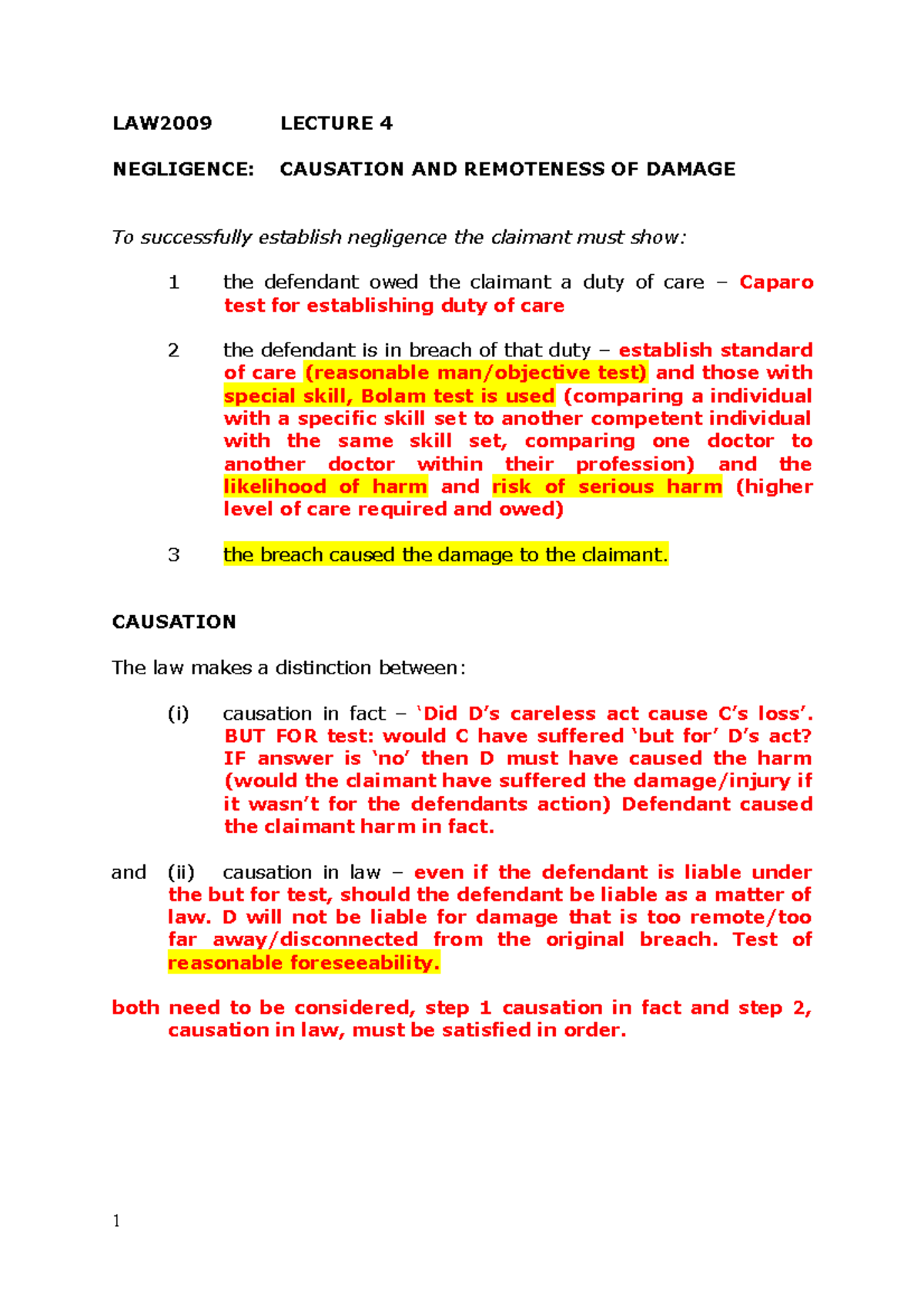Lecture 4 Causation - 4 - LAW2009 LECTURE 4 NEGLIGENCE: CAUSATION AND REMOTENESS OF DAMAGE To ...