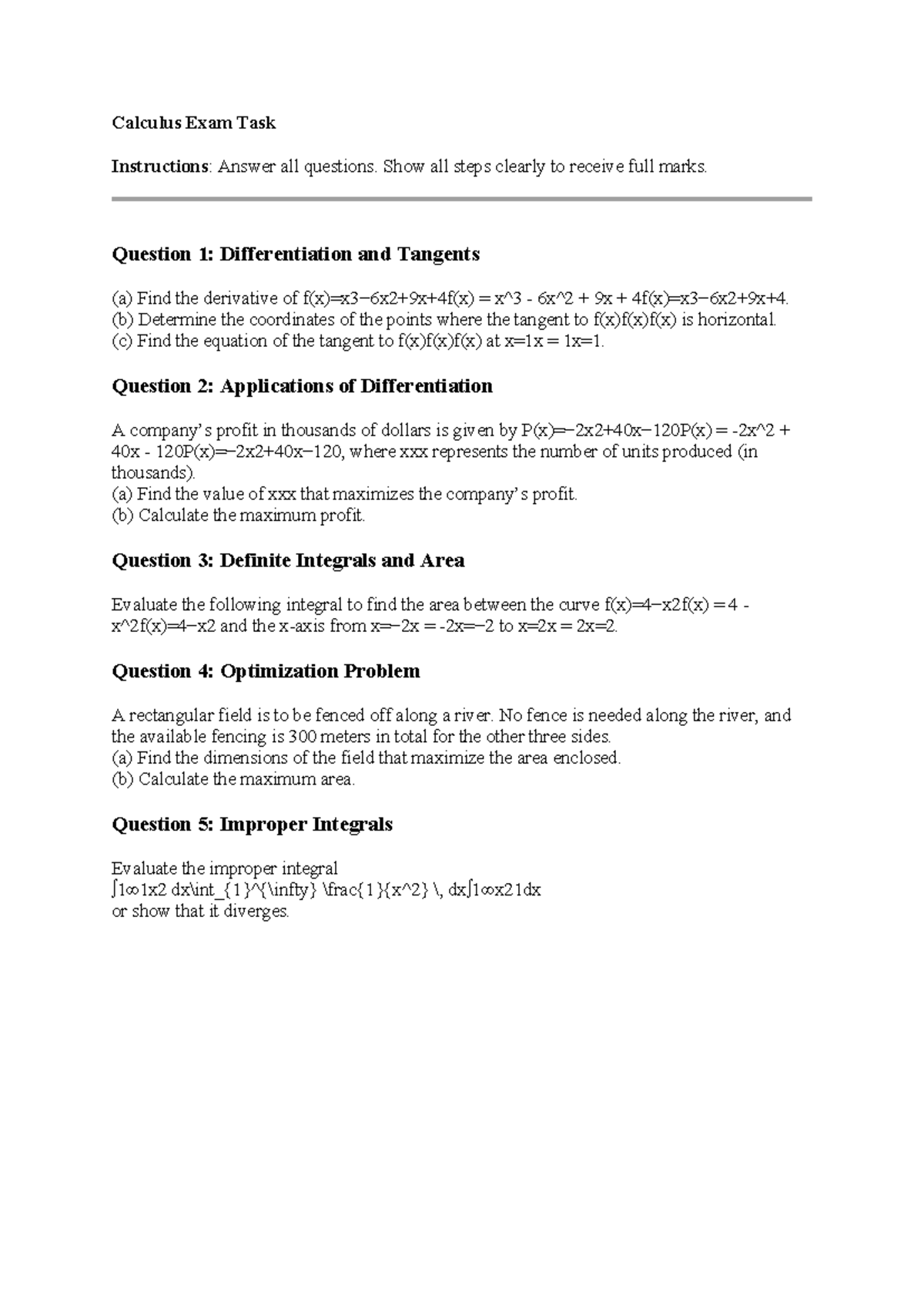 Calculus Exam Task - Calculus Exam Task Instructions: Answer all ...