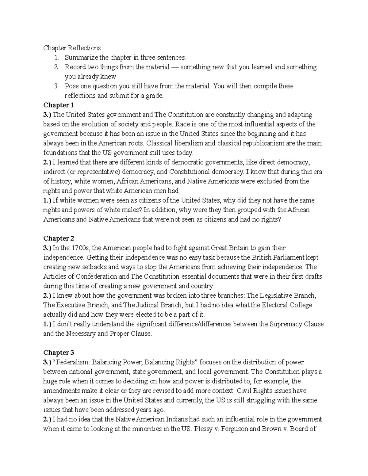 Chapter Reflections 1-3 - Summarize the chapter in three sentences. 2. Record two things from ...