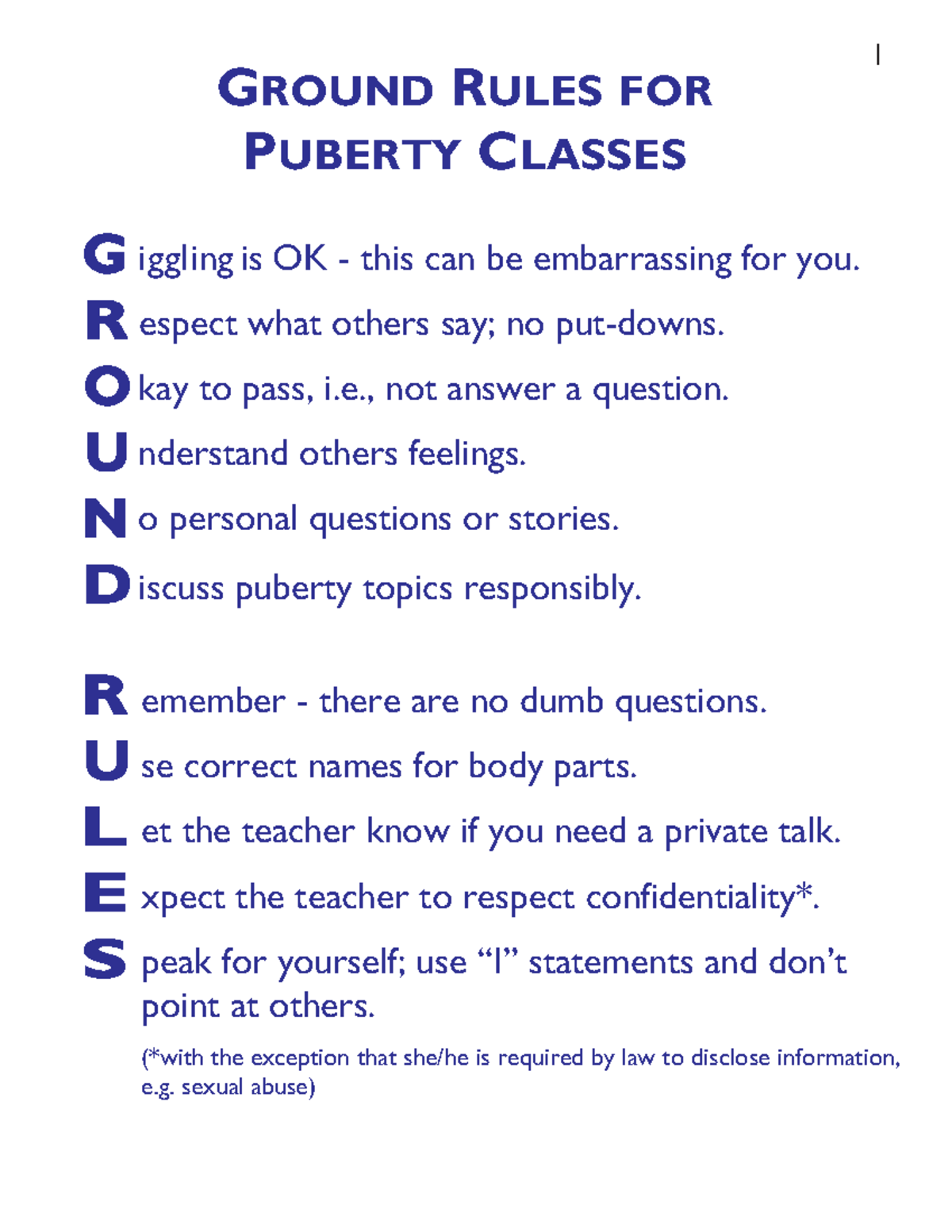 Reproductive Systems 1-9 - GROUND RULES FOR PUBERTY CLASSES emember ...