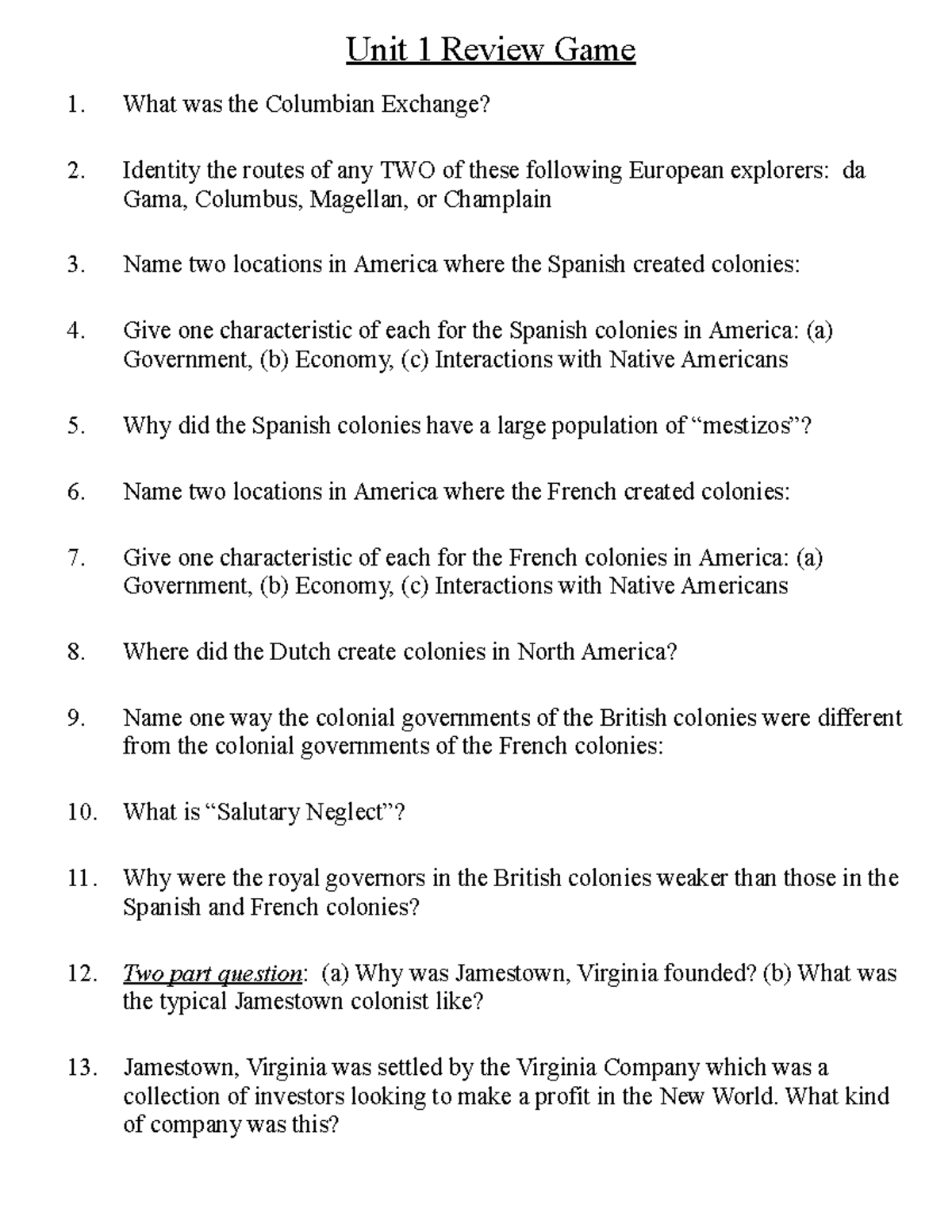 4Unit1Review Game - Review Questions - Unit 1 Review Game What was the ...