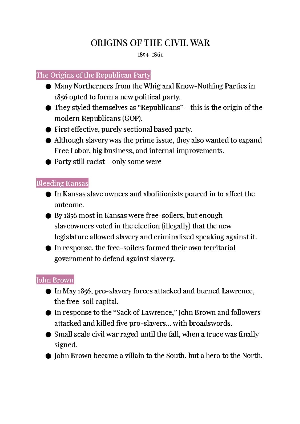 L4 - Origins of the Civil War (1854-1861) - ORIGINS OF THE CIVIL WAR ...