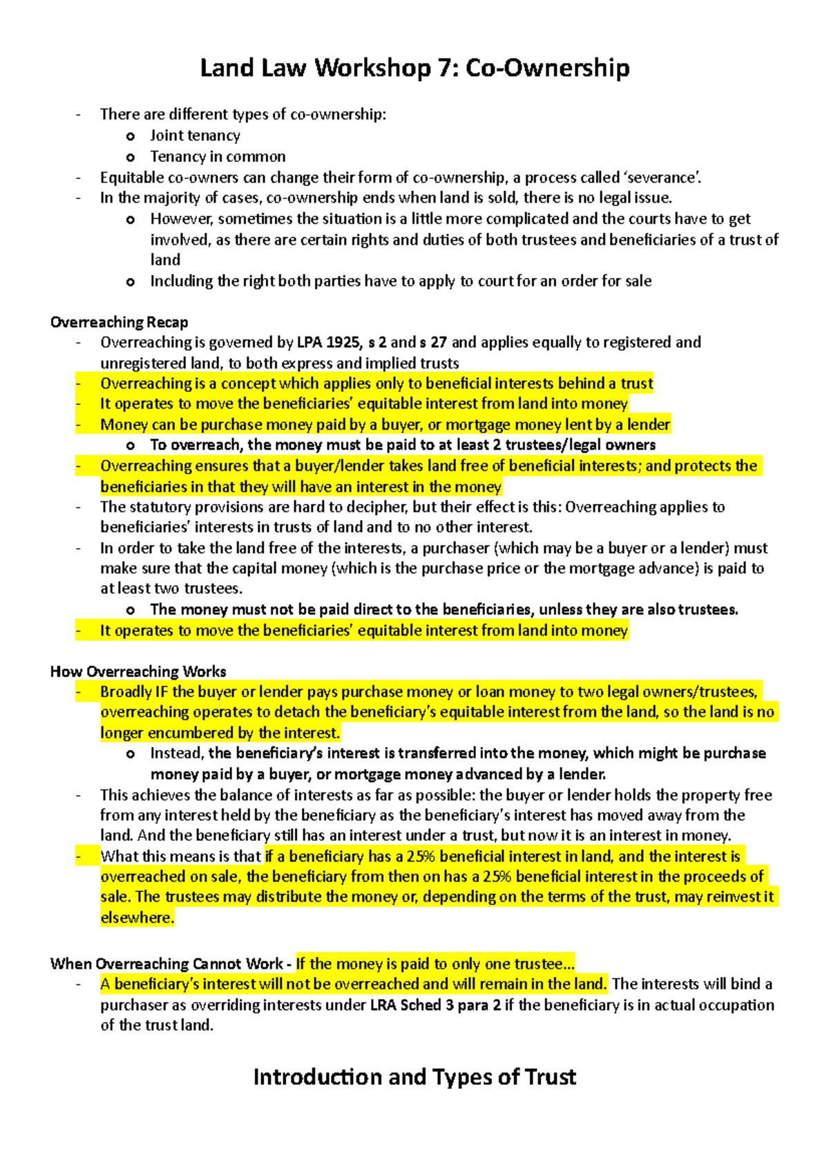Land Workshop 7 Prepare - Land Law Workshop 7: Co-Ownership There are ...