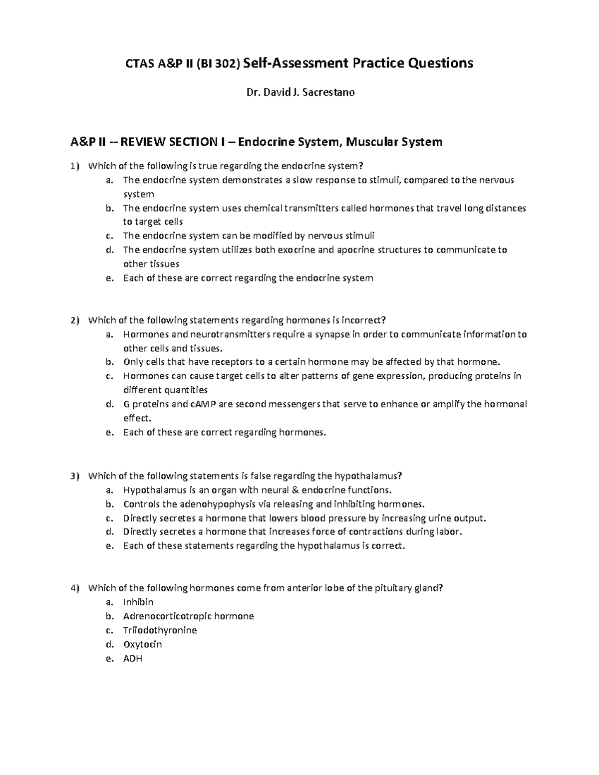 Apiipractice Questions - CTAS A&P II (BI 302) Self-Assessment Practice ...