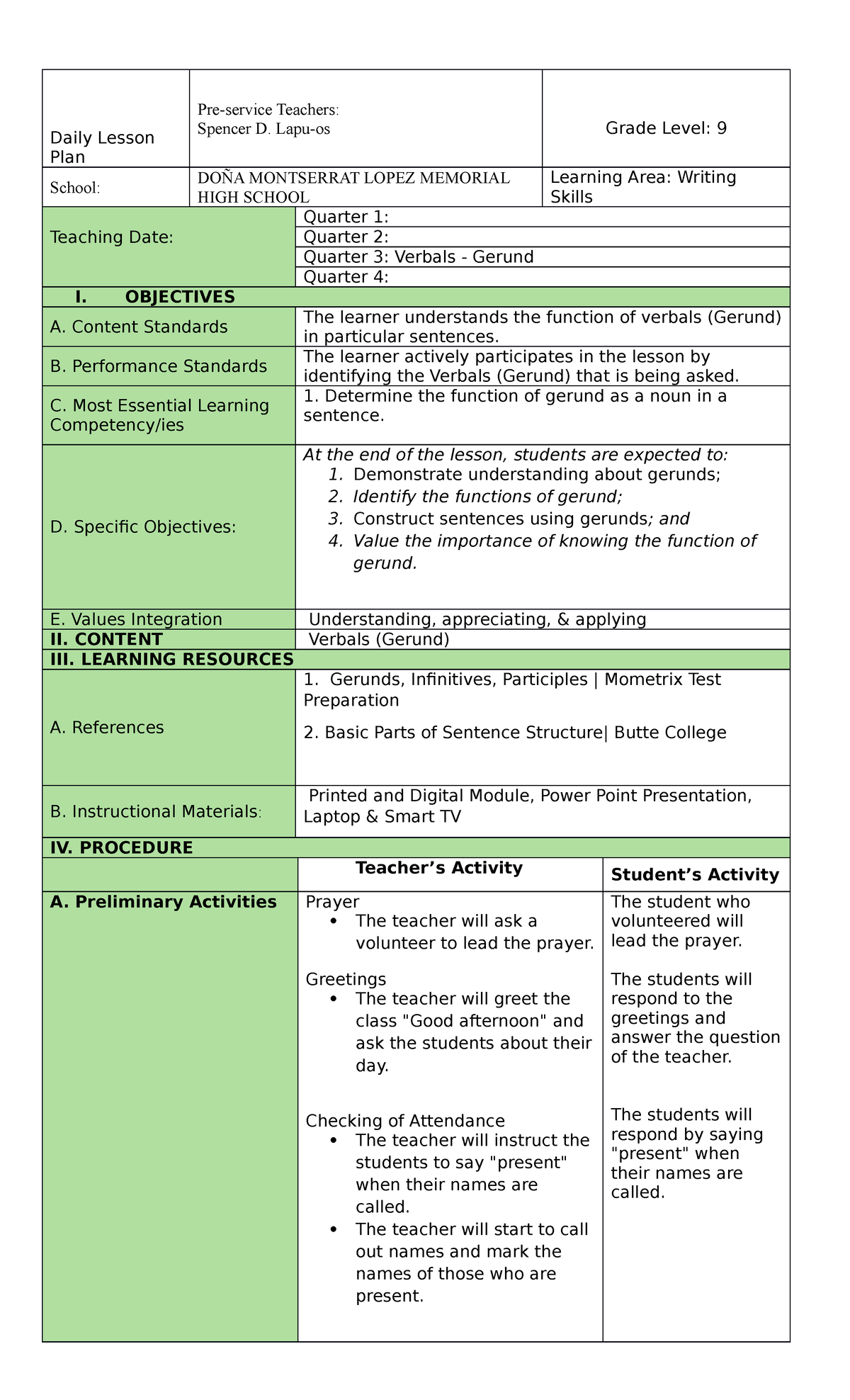 Detailed- Lesson-PLAN Gerund - Daily Lesson Plan Pre-service Teachers ...
