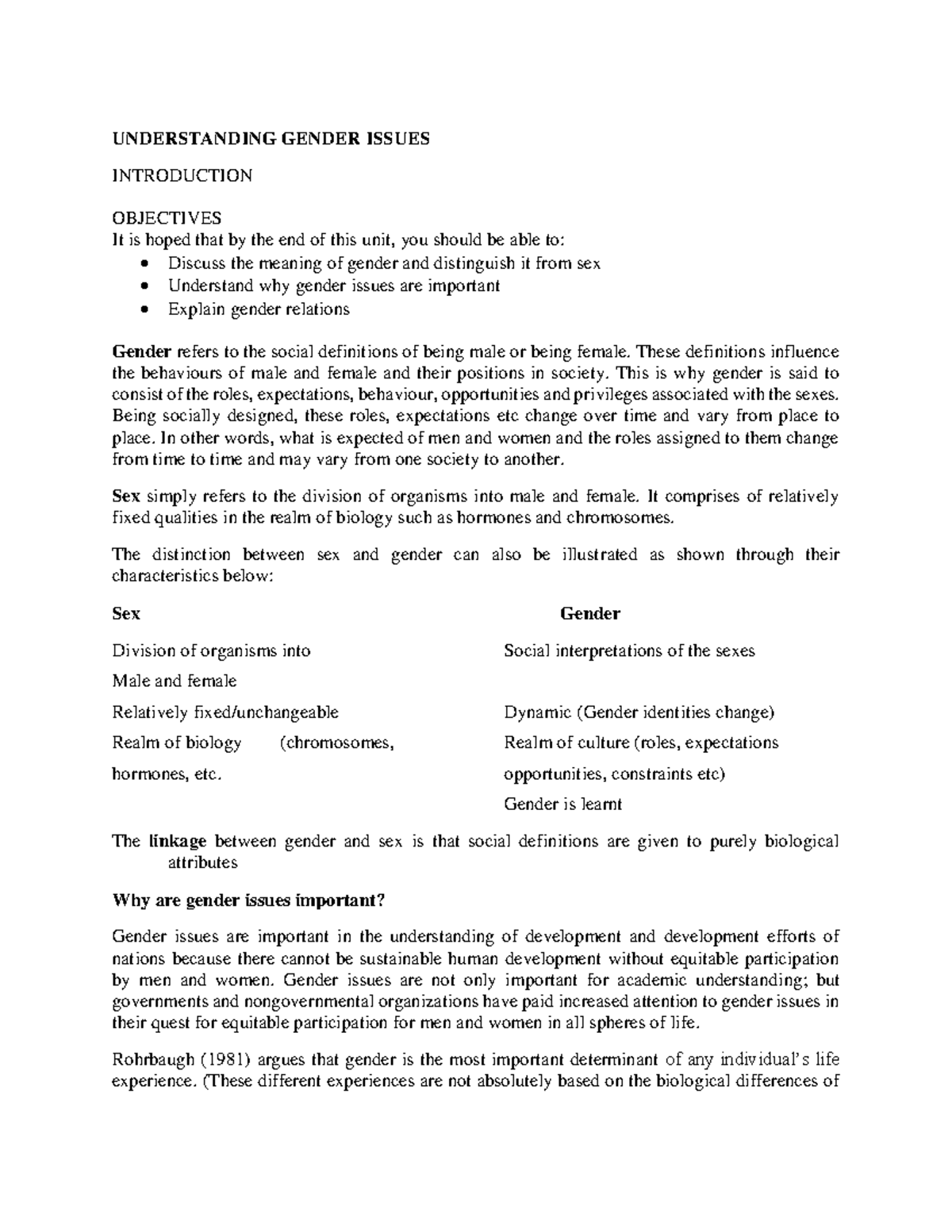 Gender Issues - Soc 111 - UNDERSTANDING GENDER ISSUES INTRODUCTION ...