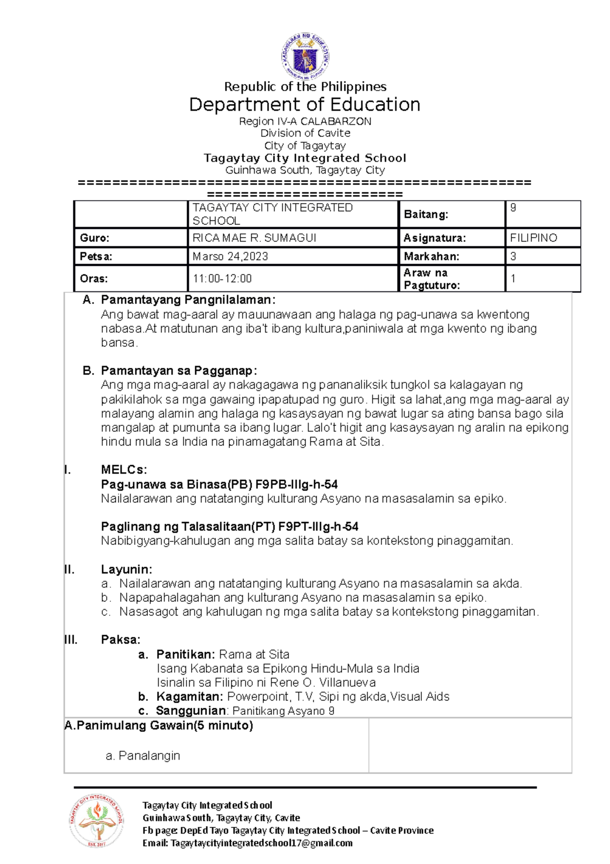 Final Demo Lesson Plan - FILIPINO - Department of Education Region IV-A ...