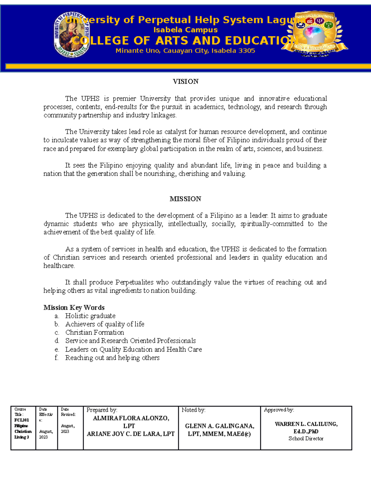 FCL3 Syllabus-OBE - Fcl - VISION The UPHS is premier University that ...