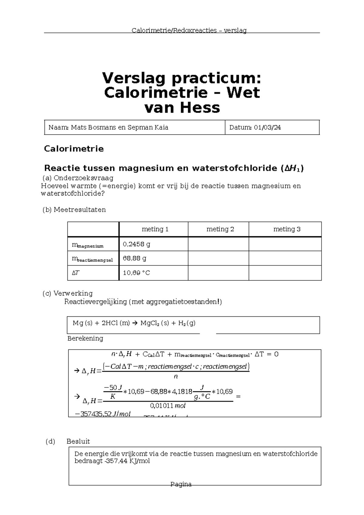 Reactiewarmte fysica chemie labo - Calorimetrie/Redoxreacties – verslag ...