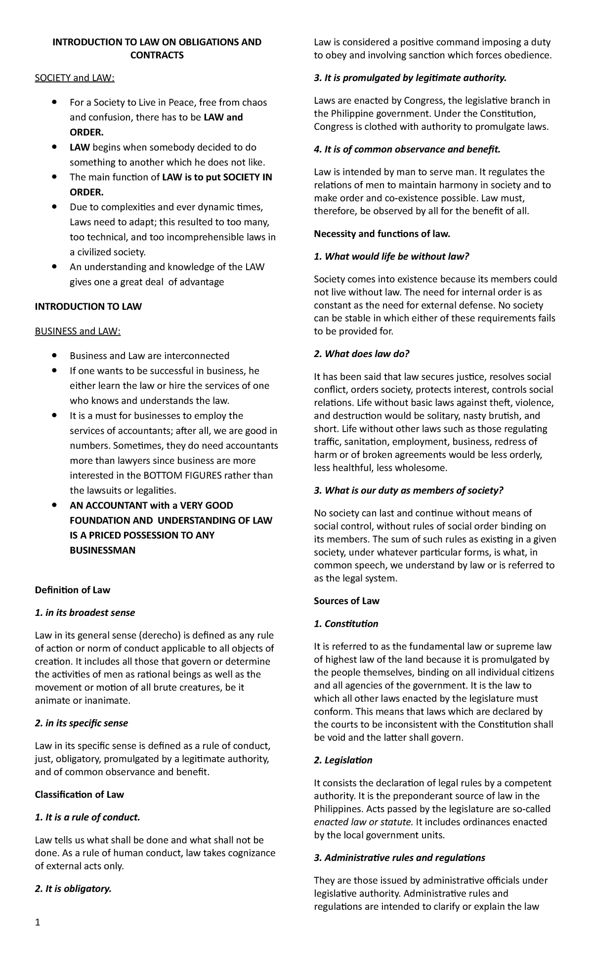 Oblicon notes - Law on Obligations and Contracts - INTRODUCTION TO LAW ...