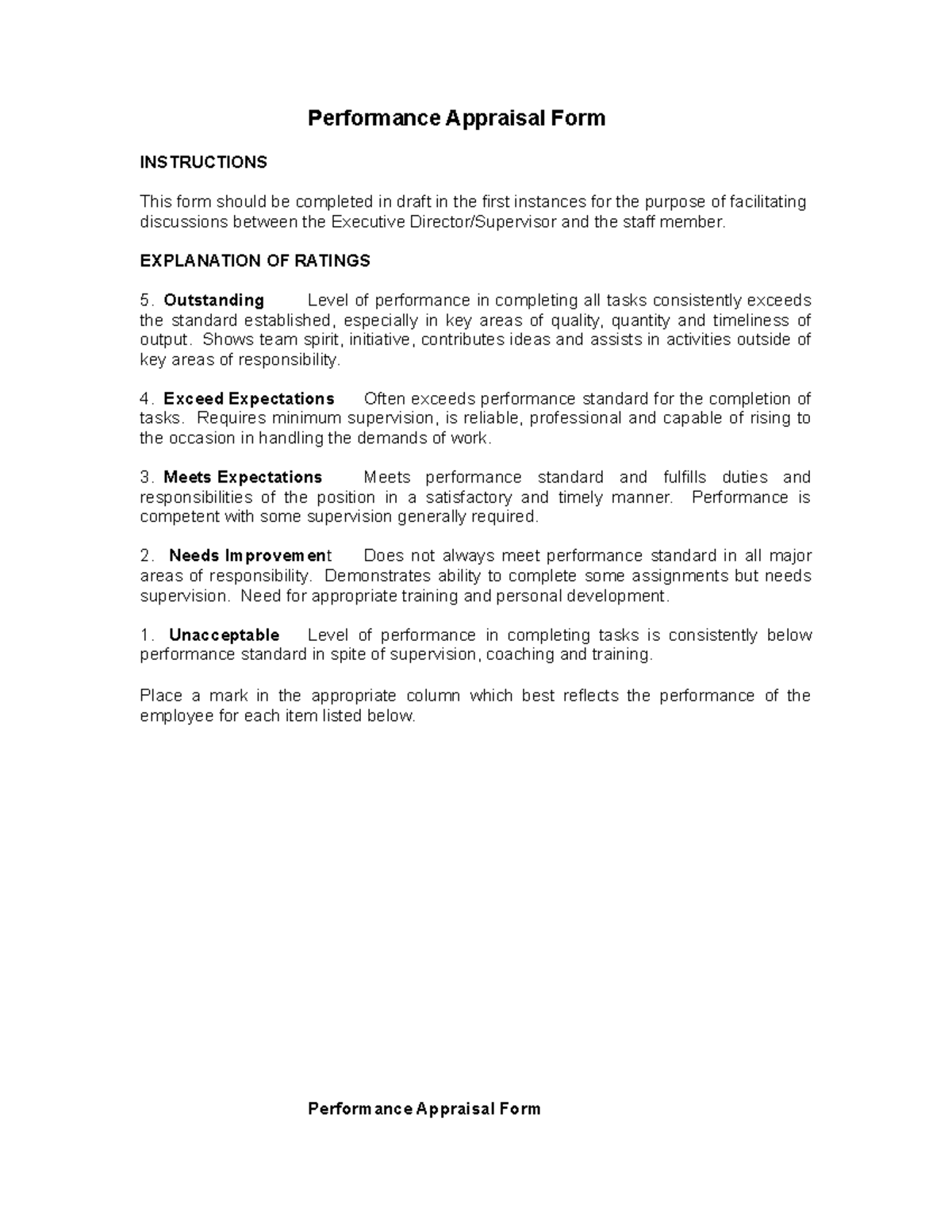 Performance Appraisal Form Template - Performance Appraisal Form ...