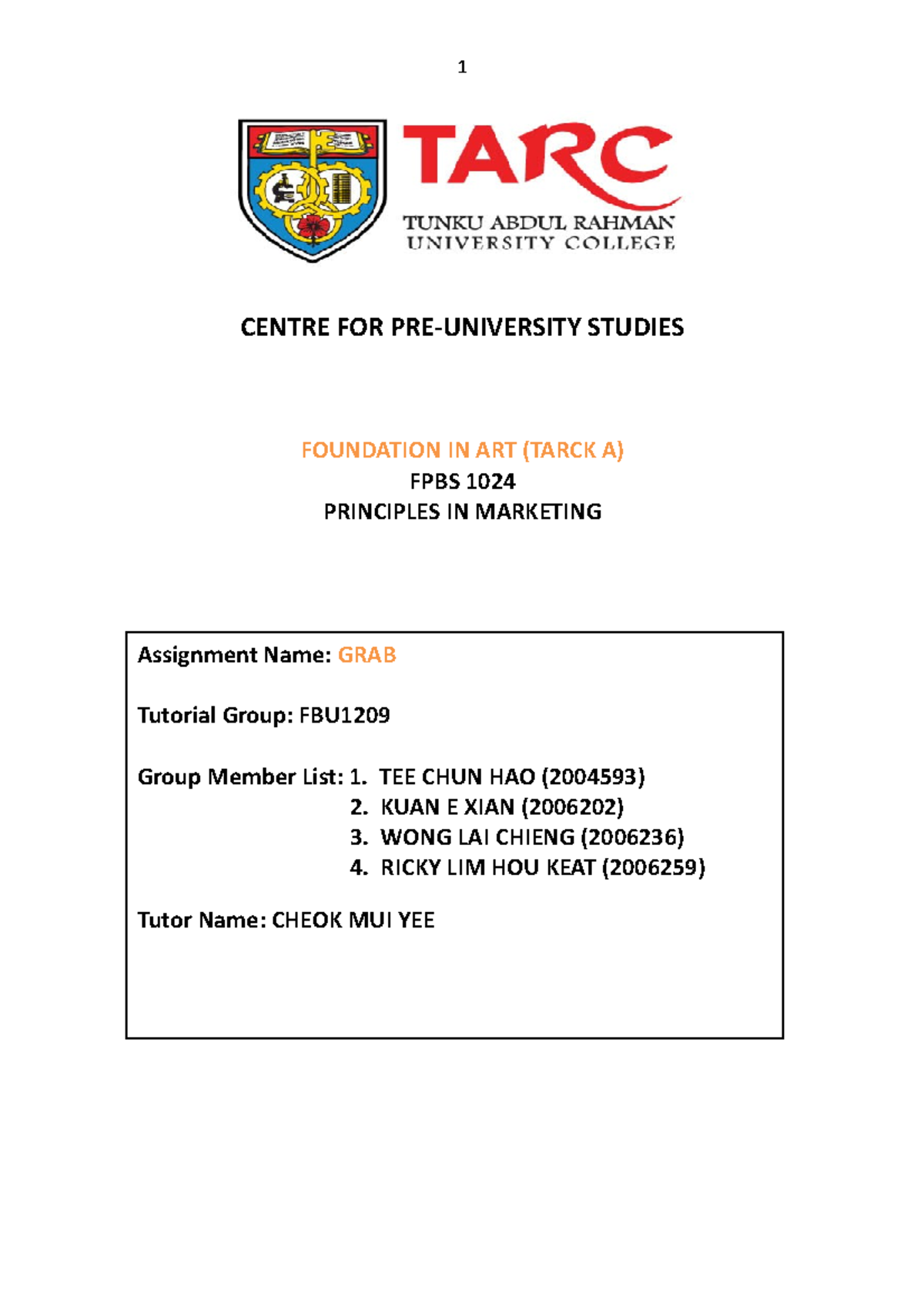 Foundation Business assignment Marketing1209 Grab - Principles Of ...