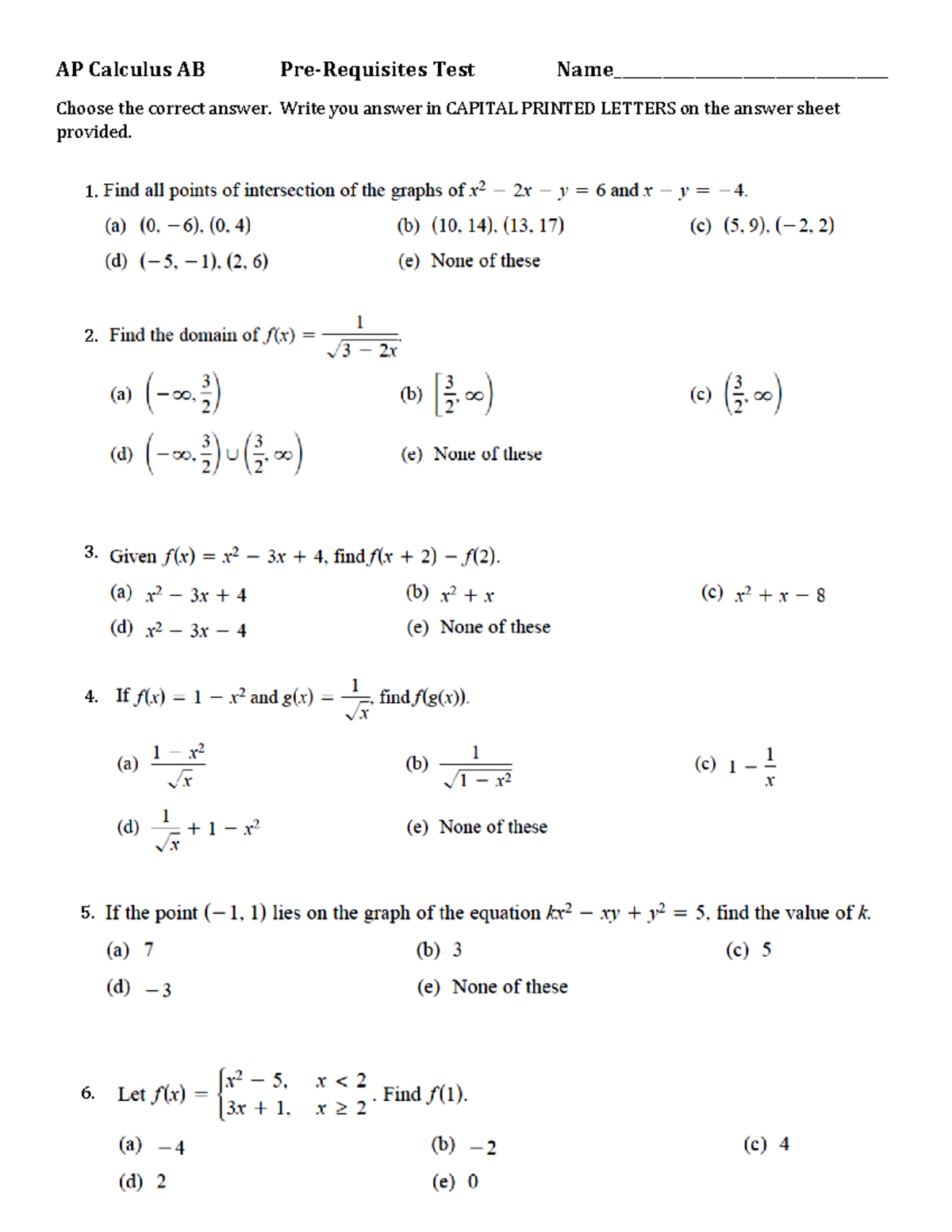 2015 TEST 1 - acsvcxz - AP Calculus AB Pre-Requisites Test Name