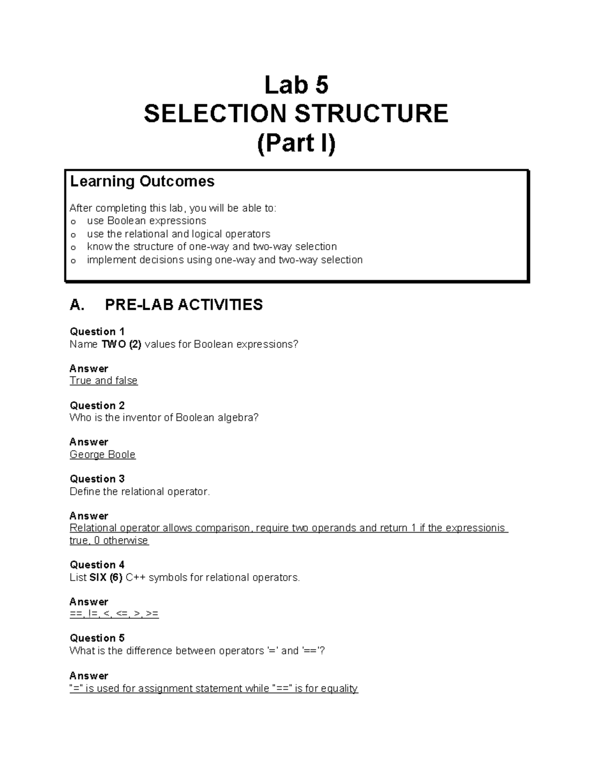 Lab 4 - Selection Structure Part 1 - Lab 5 SELECTION STRUCTURE (Part I ...