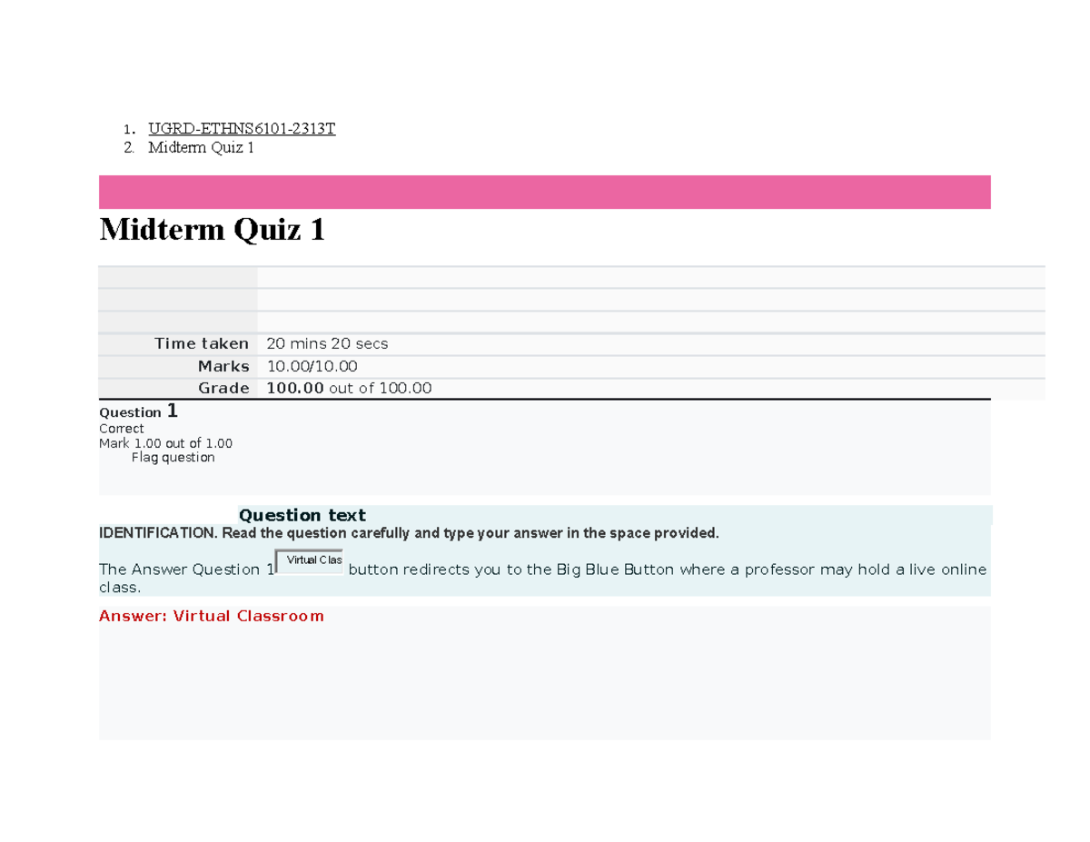 Ethns Midterm quiz 1 Ethns - 1. UGRD-ETHNS6101-2313T 2. Midterm Quiz 1 Midterm Quiz 1 Time taken ...