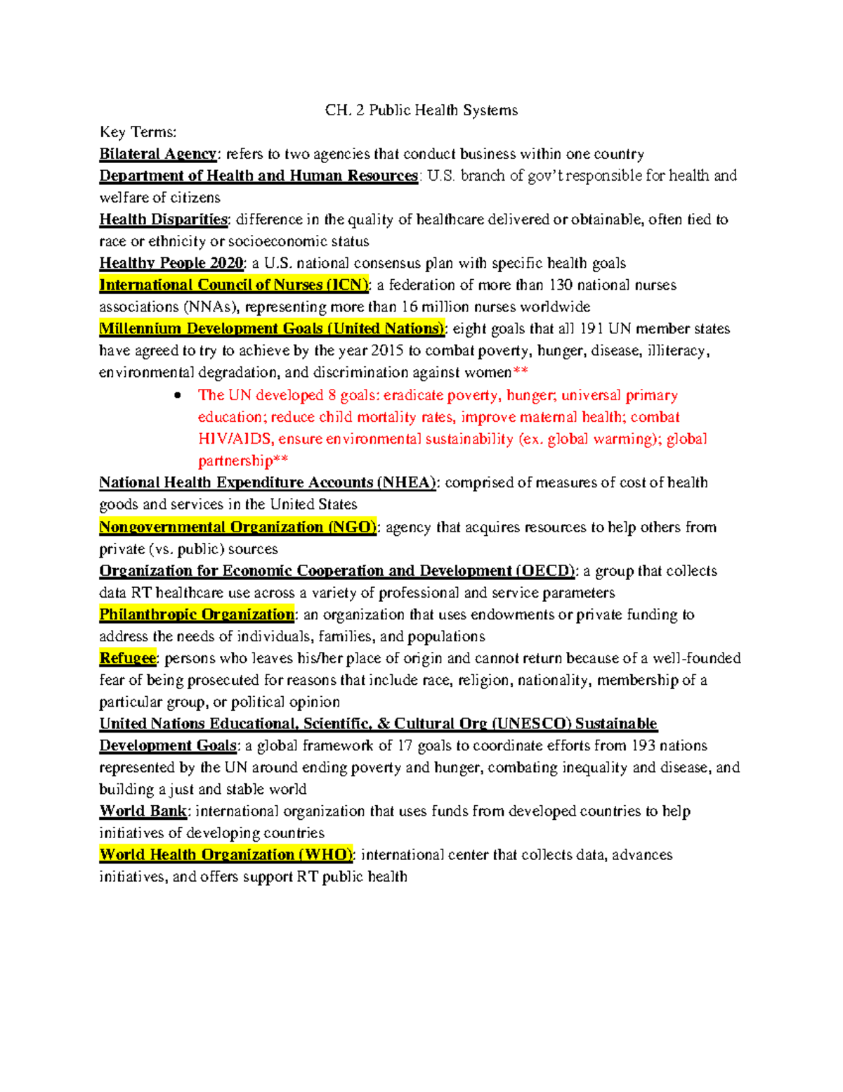 Notes CH. 2 Public Health Systems - CH. 2 Public Health Systems Key ...