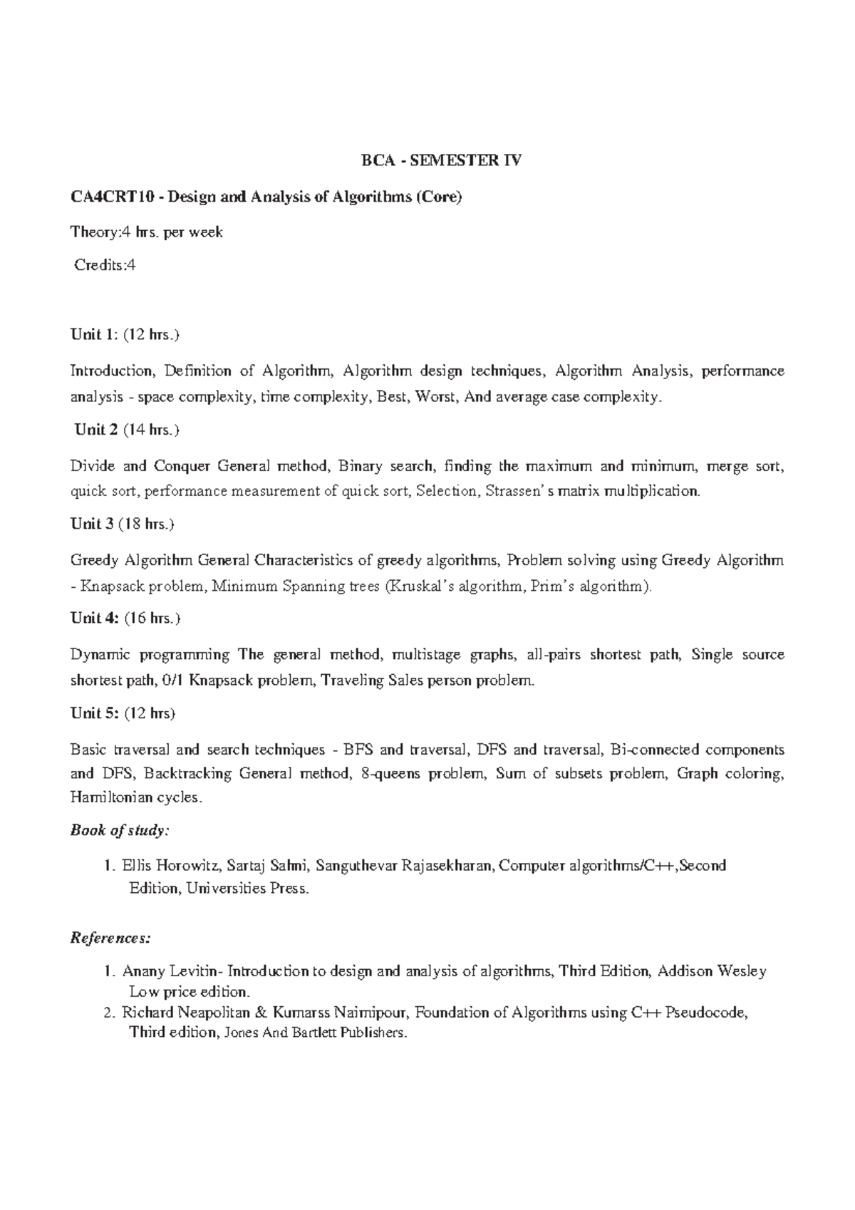 Daa Syllabus Bca Semester Iv Ca4crt10 Design And Analysis Of Algorithms Core Theory4