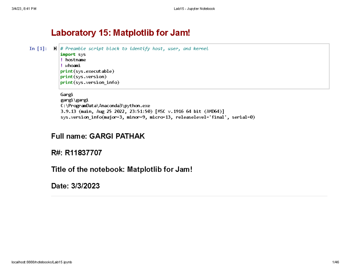 Lab15 Jupyter Notebook Laboratory 15 Matplotlib For Jam In 1
