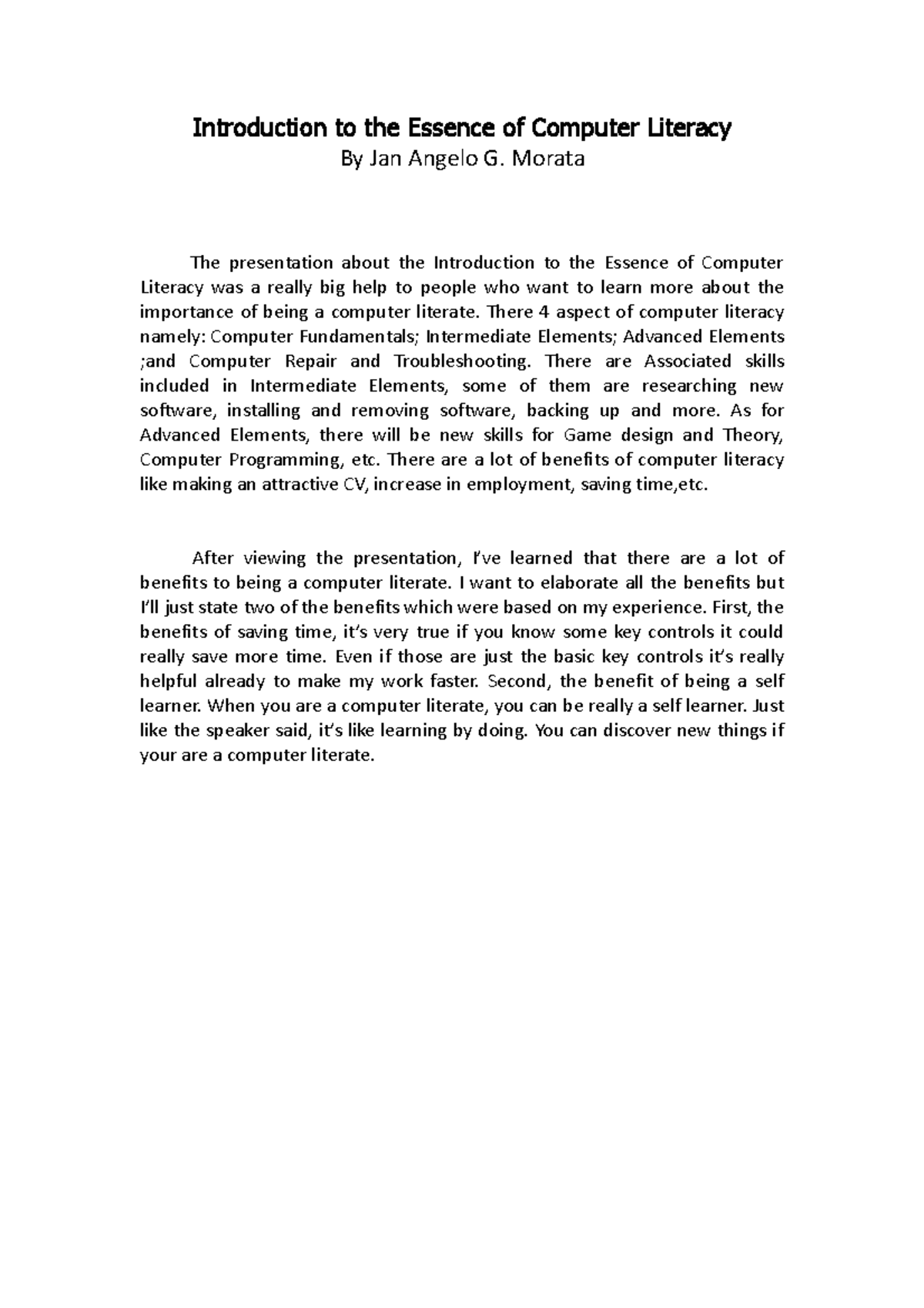 Introduction to the Essence of Computer Literacy Summary by Chrislyn ...