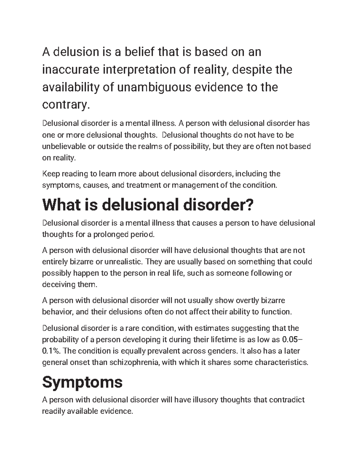 Delusional Disorder Notes - A delusion is a belief that is based on an ...