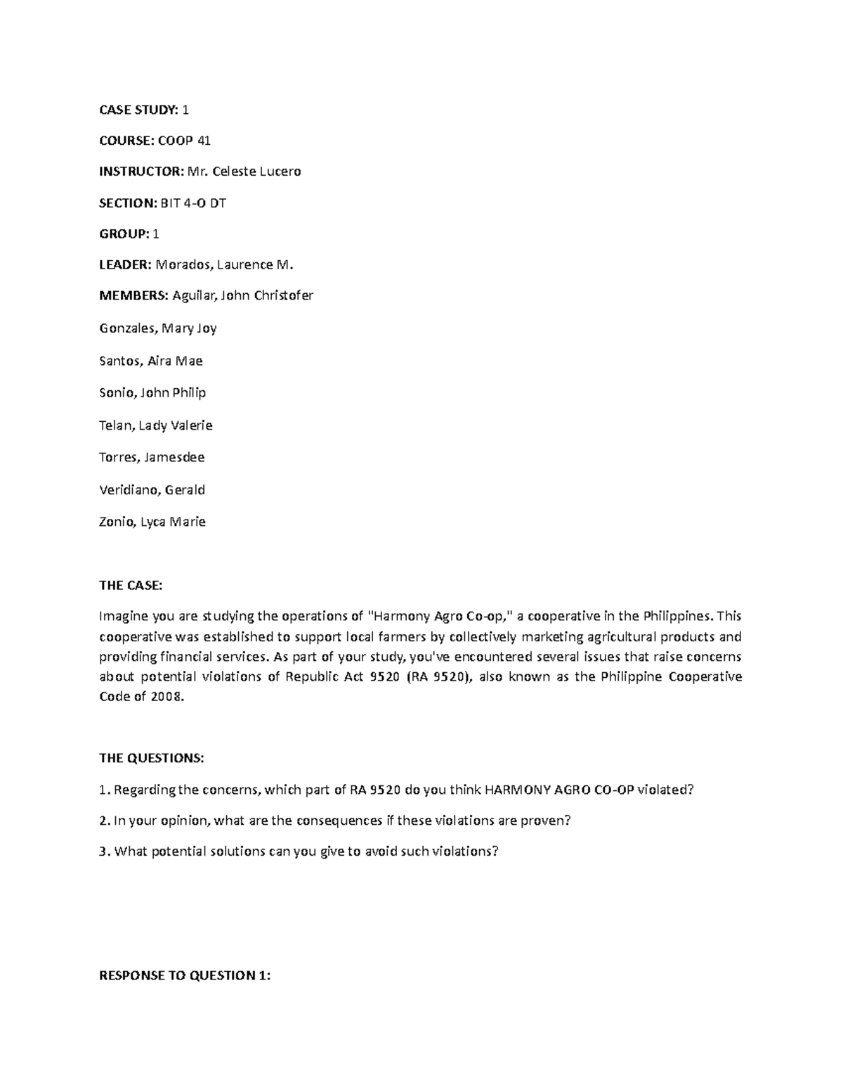 Case study 1 by group 1 - CASE STUDY: 1 COURSE: COOP 41 INSTRUCTOR: Mr ...
