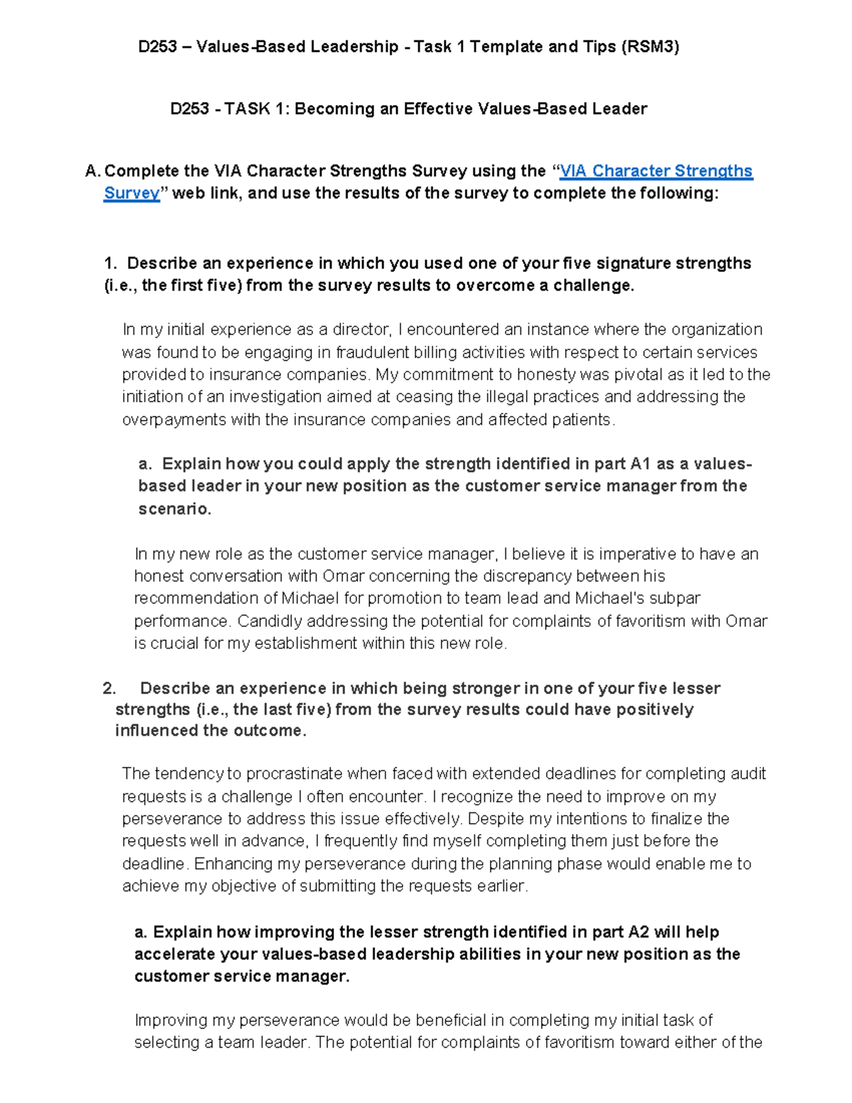 D253 Task 1 - Task 1 - Passed - D253 – Values-Based Leadership - Task 1 ...