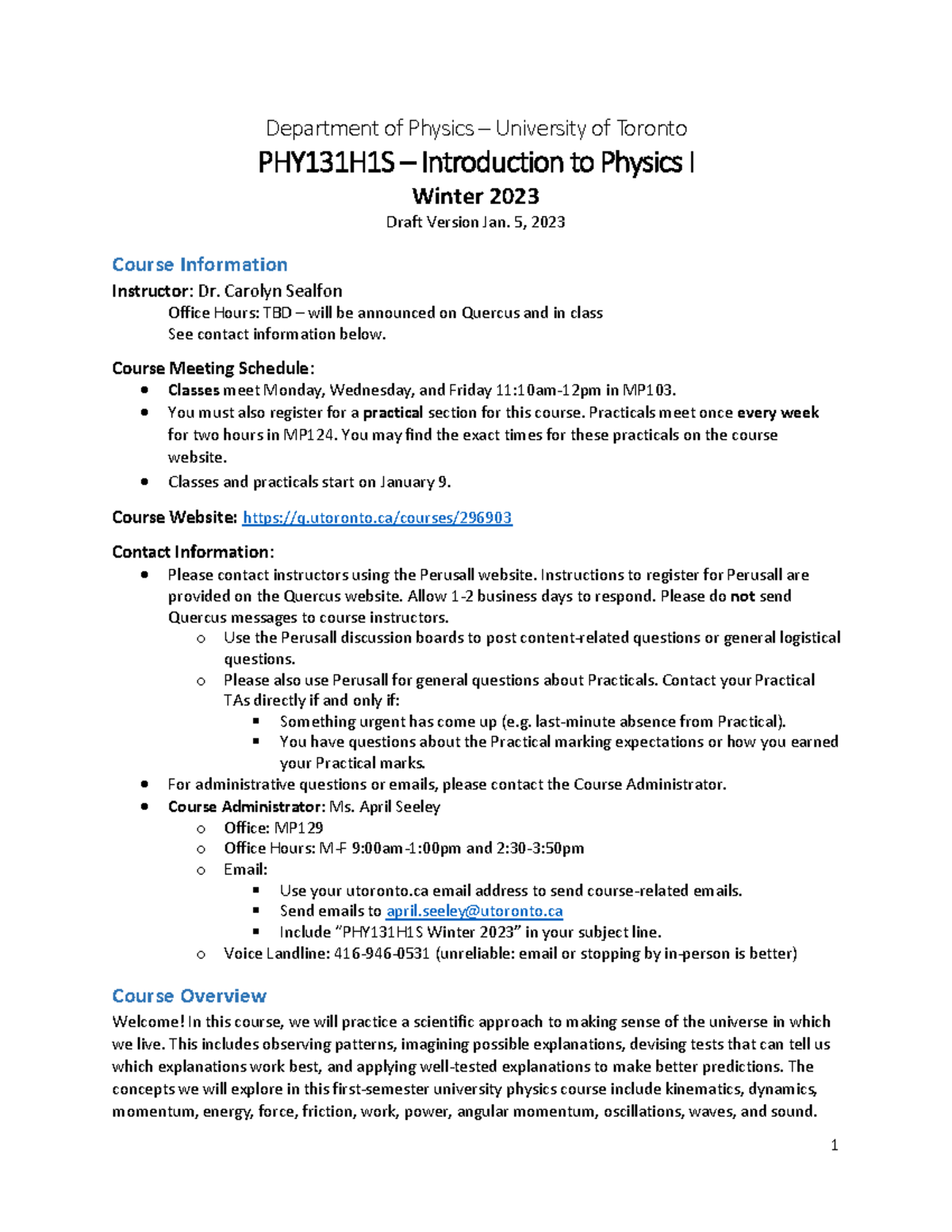 Syllabus 2023 Winter - Department of Physics – University of Toronto PHY 131 H 1 S ...