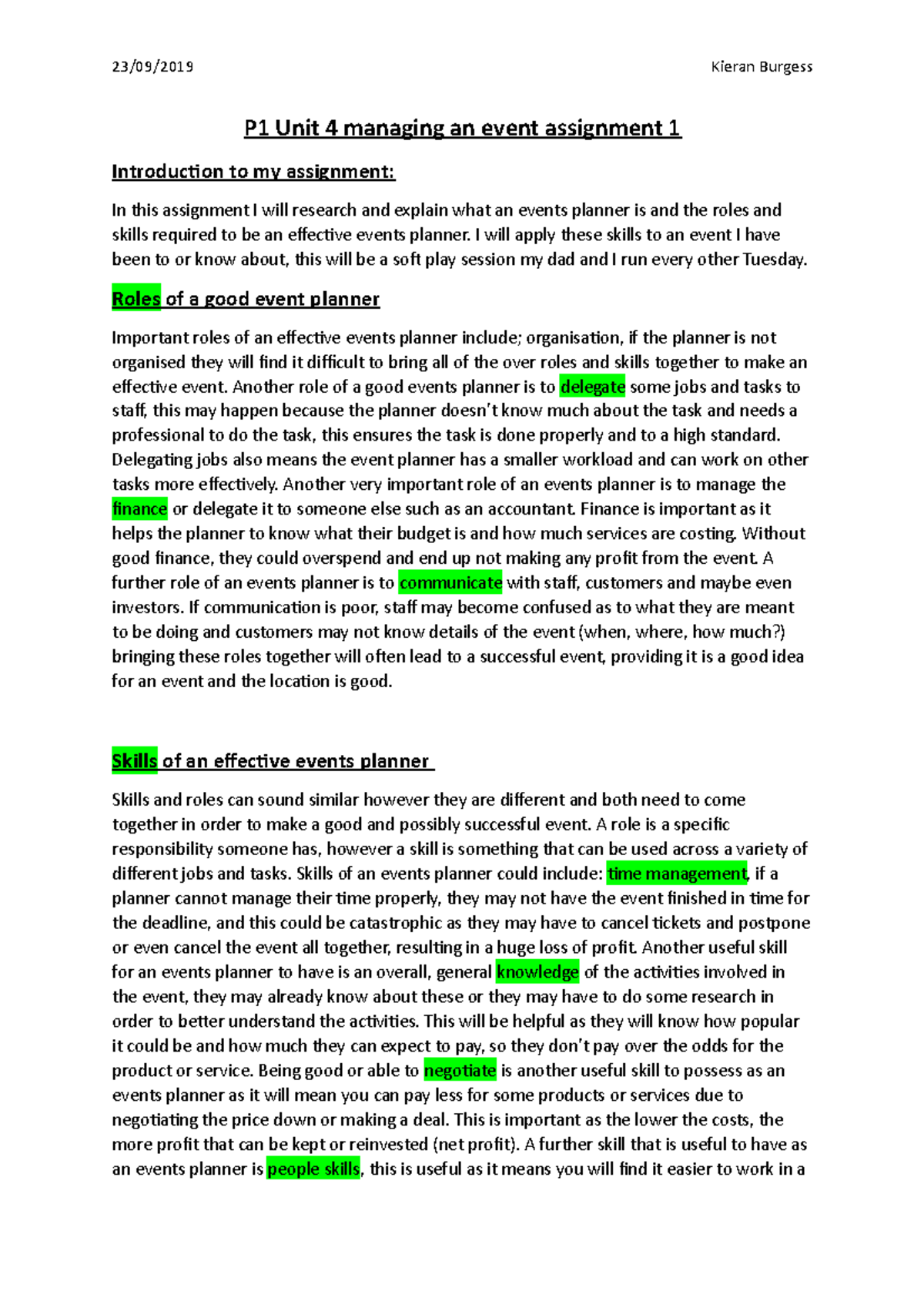 Unit 4 assignment- final copy - P1 Unit 4 managing an event assignment ...