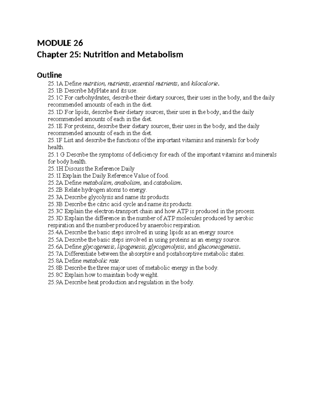 Chapter 25 Learning Objectives - MODULE 26 Chapter 25: Nutrition and Metabolism Outline 25 ...