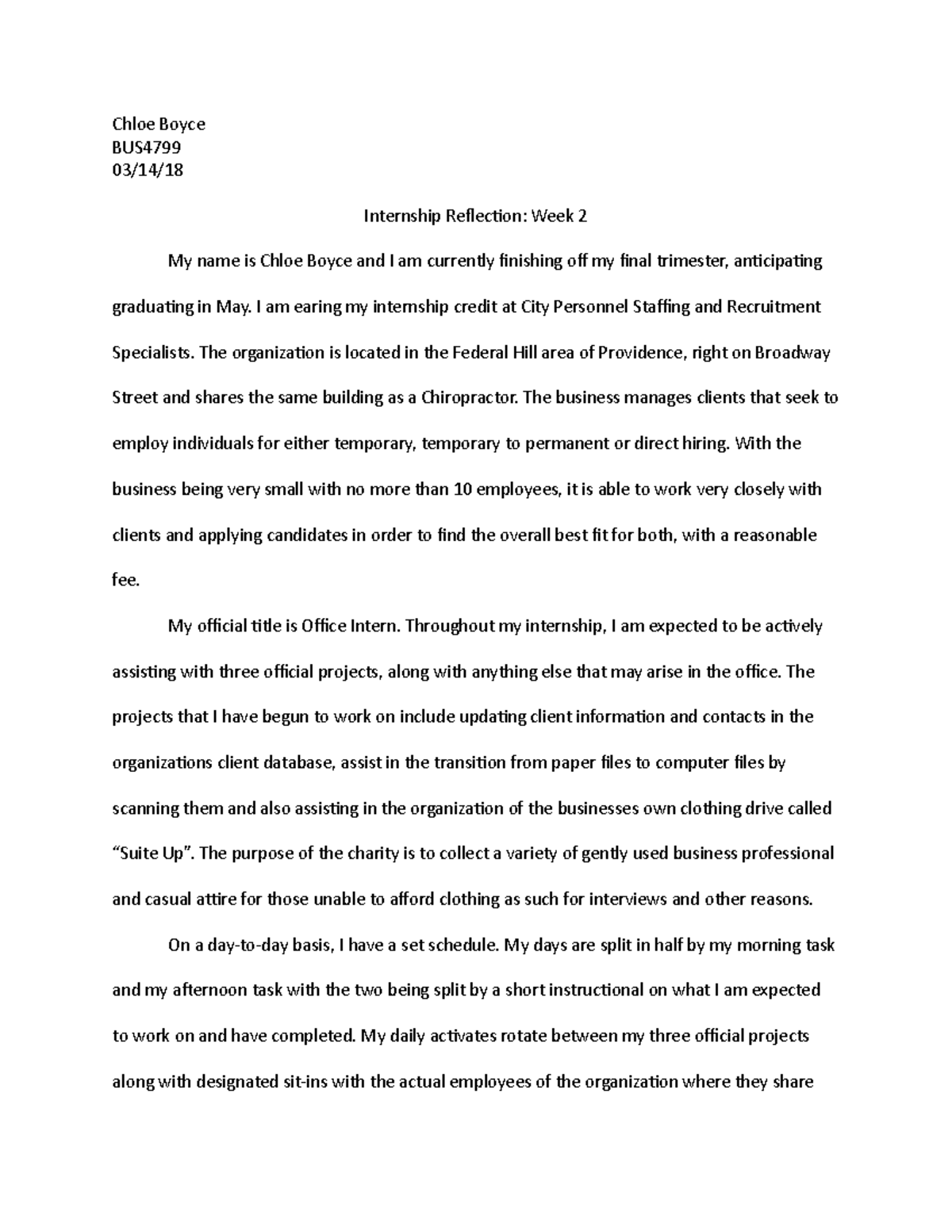 Internship reflection 1 - Chloe Boyce BUS 03/14/ Internship Reflection ...