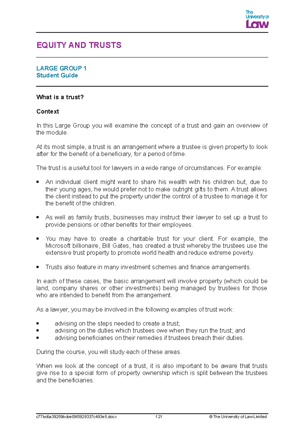 LG 1 - WORK - EQUITY AND TRUSTS LARGE GROUP 1 Student Guide What is a trust? Context In this ...