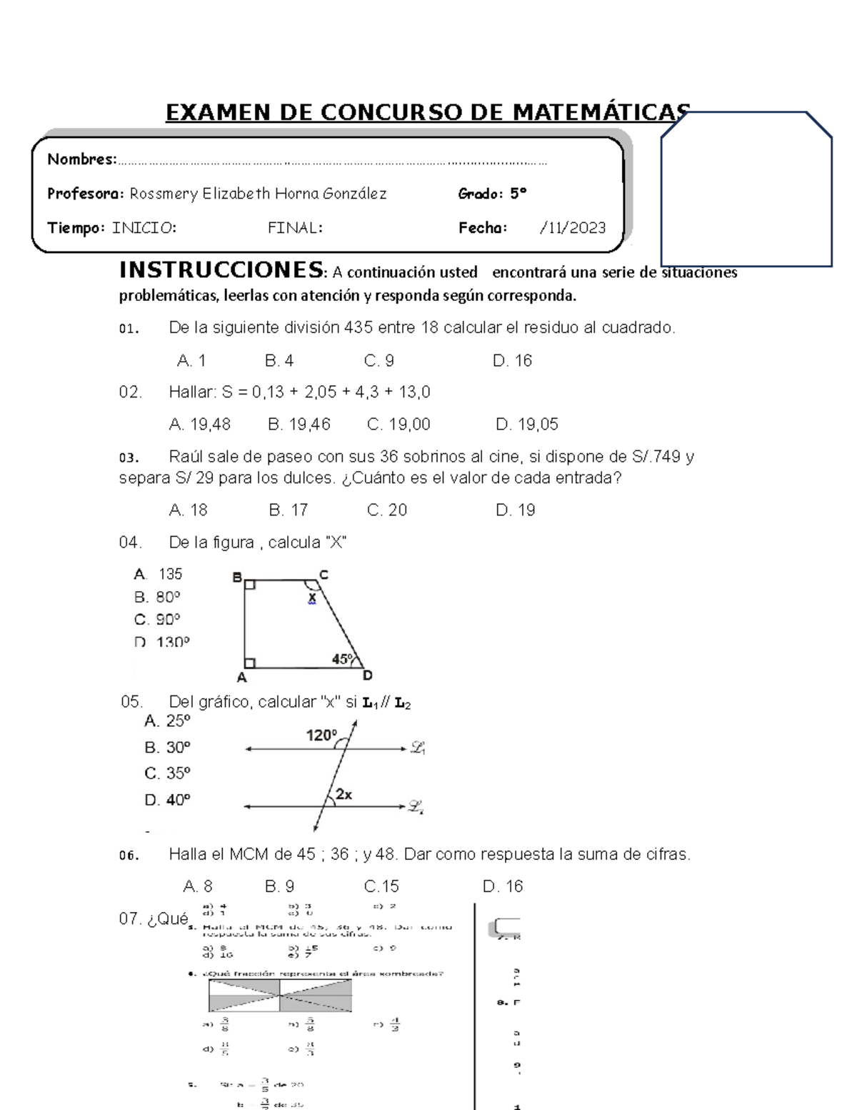 Evaluacion DE Concurso 5 Grado - EXAMEN DE CONCURSO DE MATEMÁTICAS INSTRUCCIONES: A continuación ...