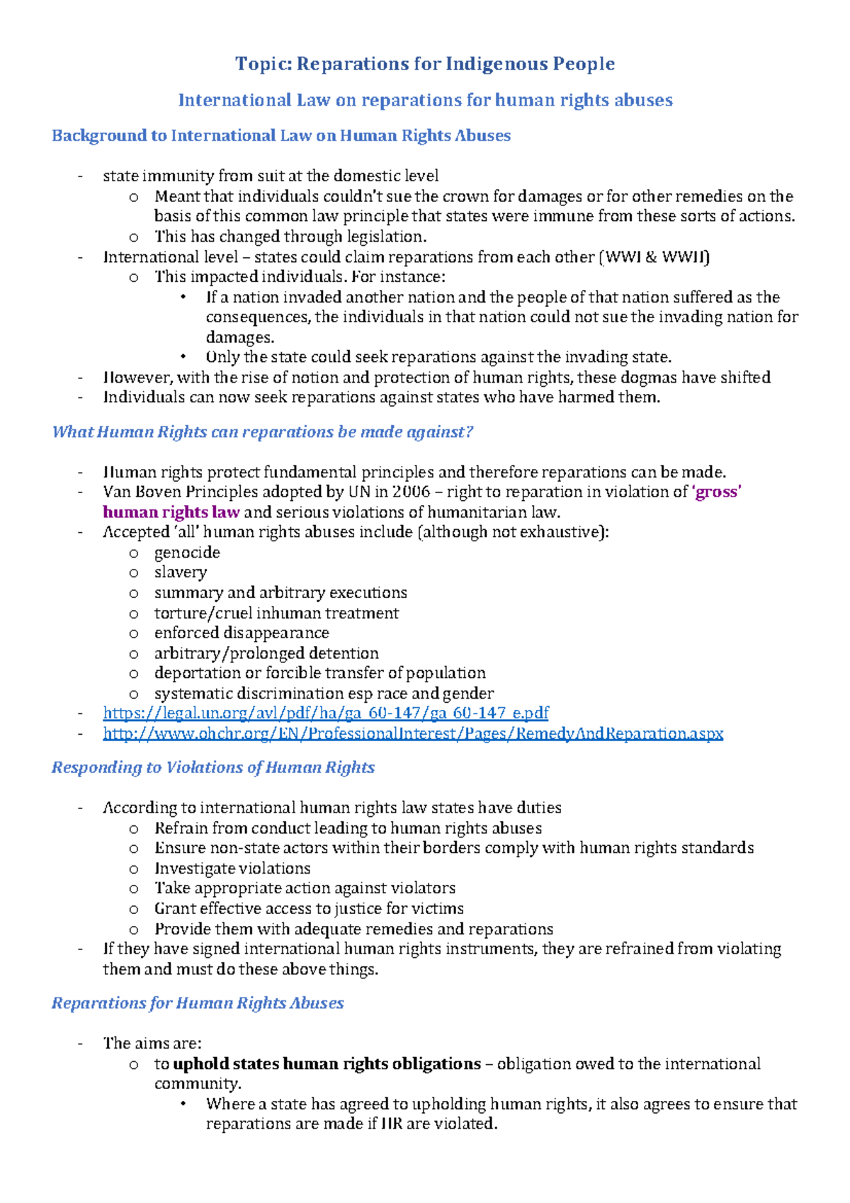 Lecture notes on Reparations for indigenous people - Topic: Reparations ...